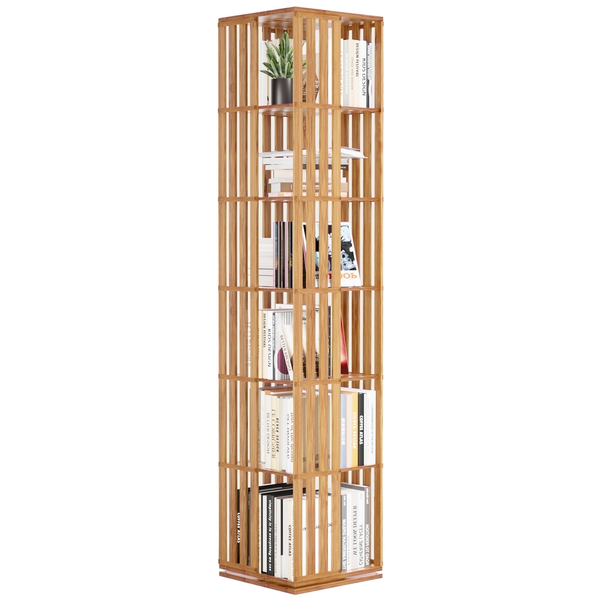 YOWOS 6-Tier Bamboo Rotating Bookcase Tower, 360° Swivel Corner ...