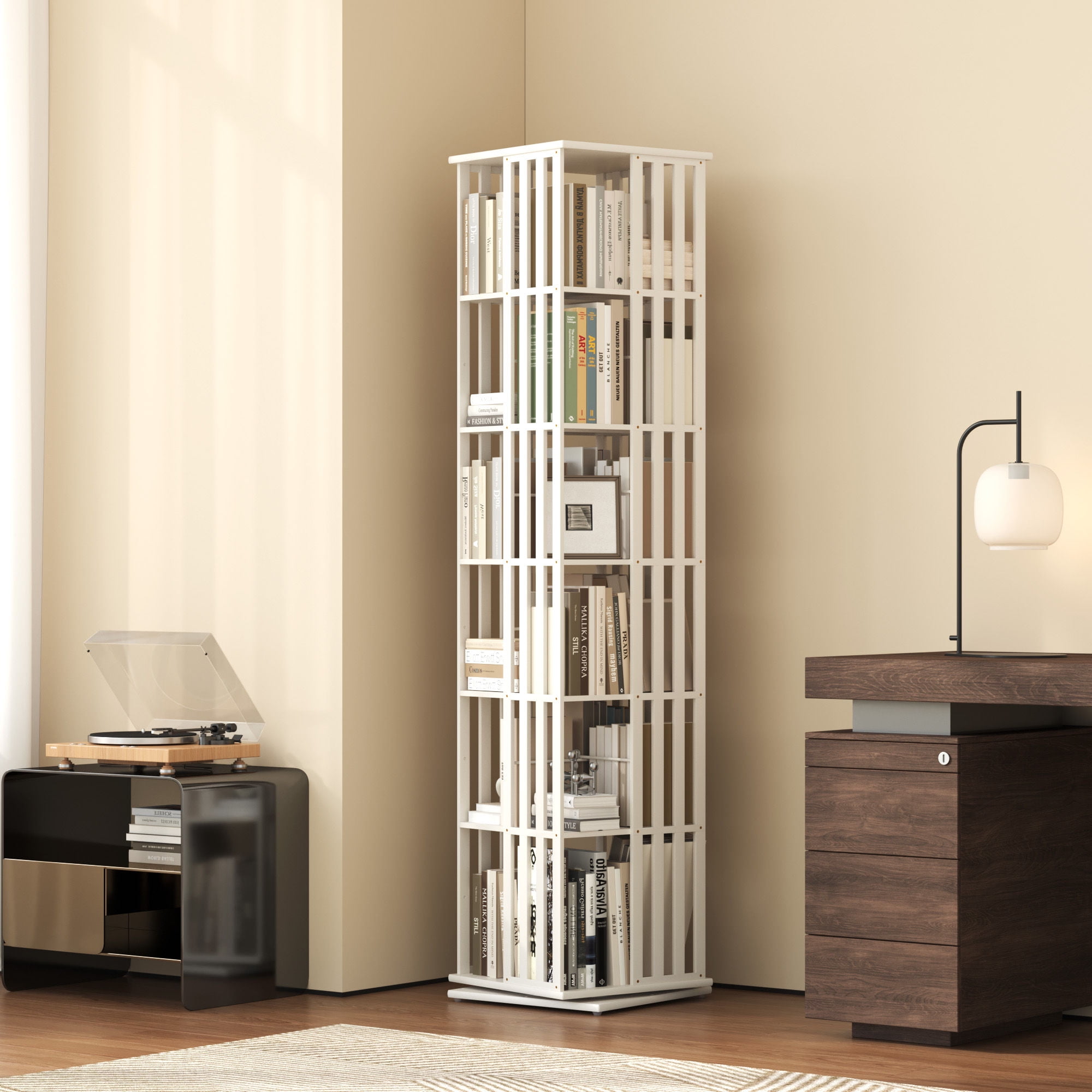 YOWOS Bamboo Rotating Bookcase Tower, 6-Tier White Bookshelf 360 ...