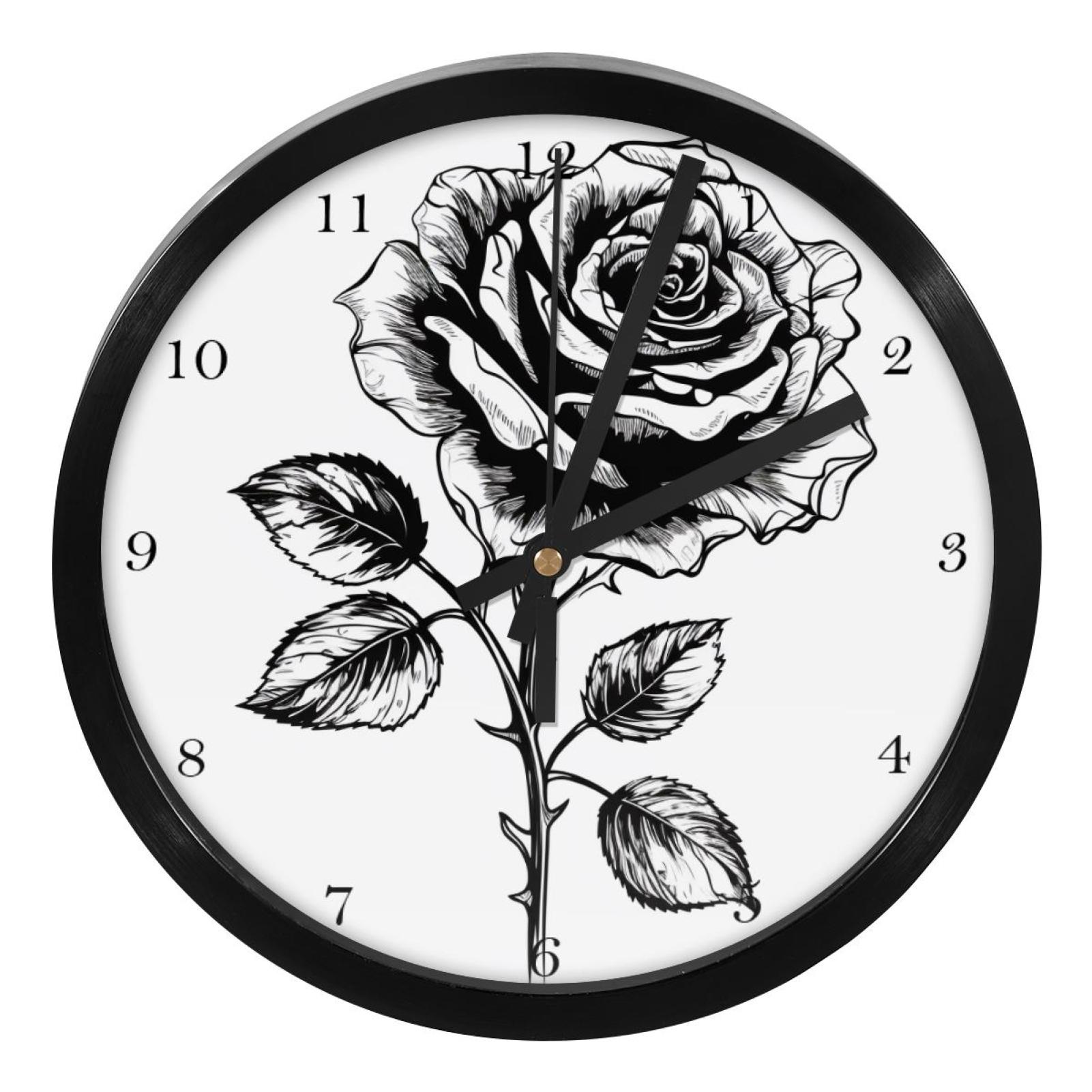 YOYOAMOY Black and White Rose Printed Precision Clock 9.8 Inches Silent ...