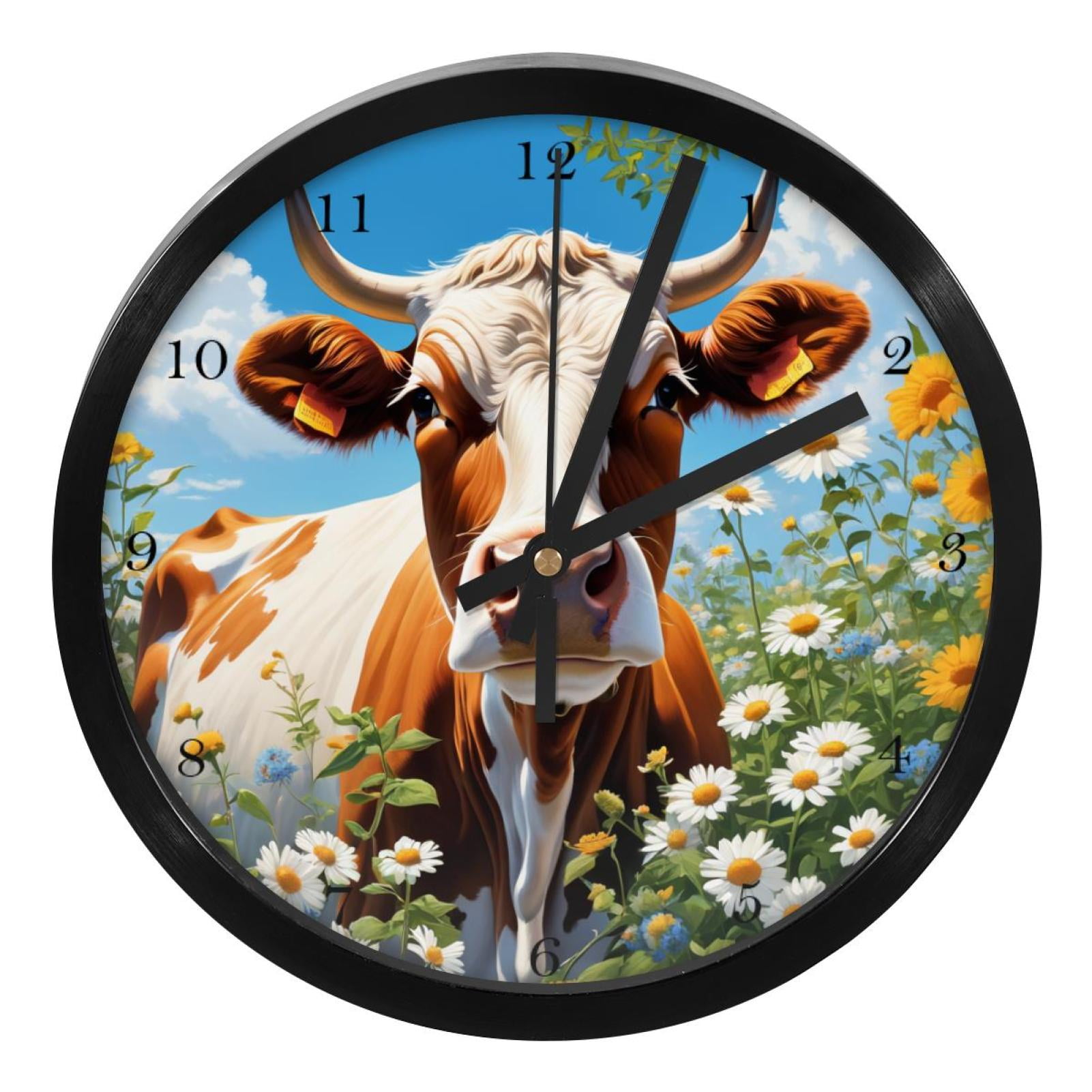 YOYOAMOY Cute Cow and Flower Printed Precision Clock 9.8 Inches Silent ...
