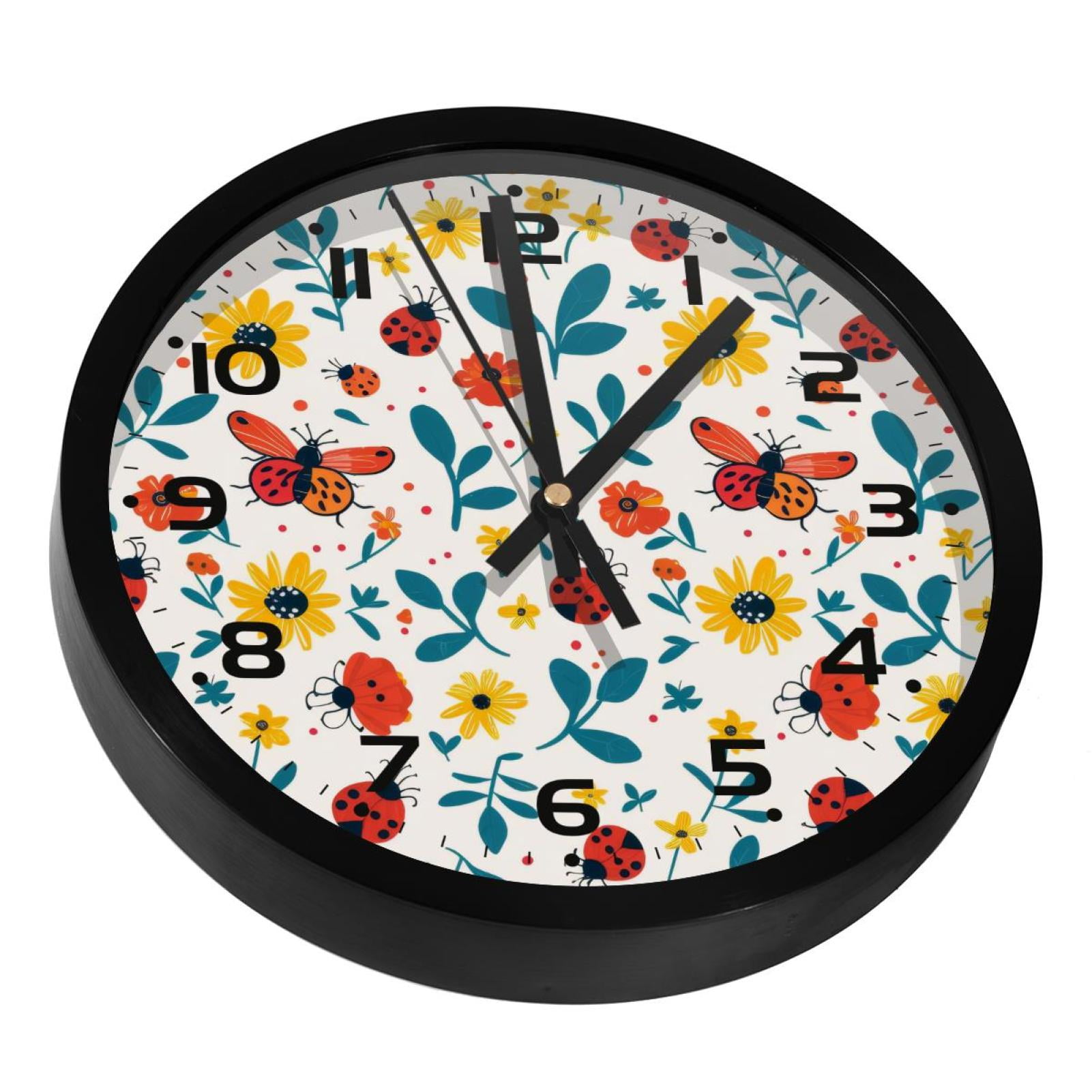 YOYOAMOY Ladybug Floral Printed Precision Clock 9.8 Inches Silent Wall ...