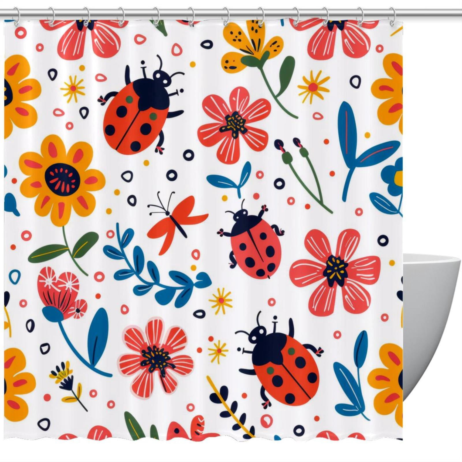 YOYOAMOY Ladybugs Florals Waterproof Shower Curtain with 10 Hooks ...