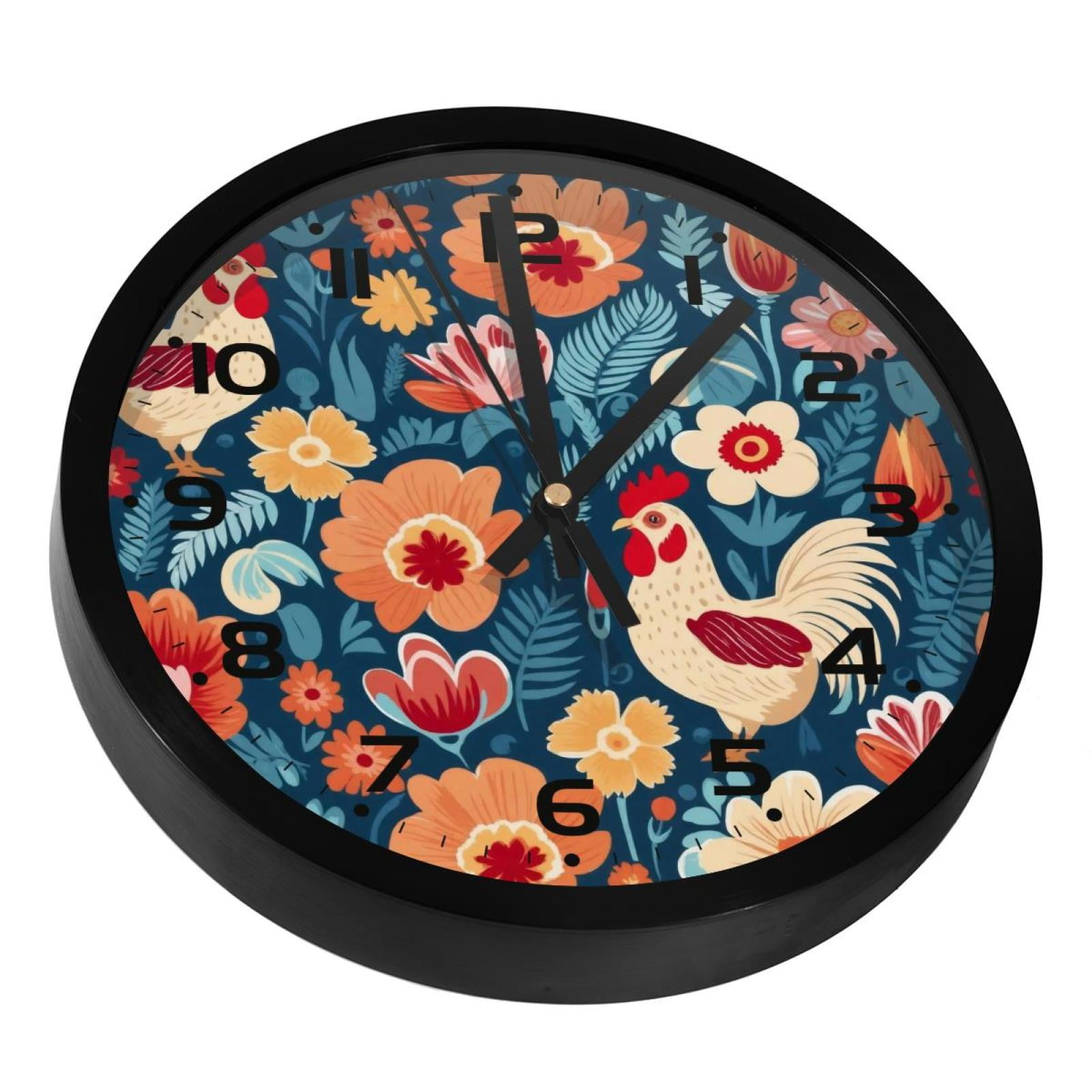 YOYOAMOY Rooster and Floral Printed Precision Clock 9.8 Inches Silent ...