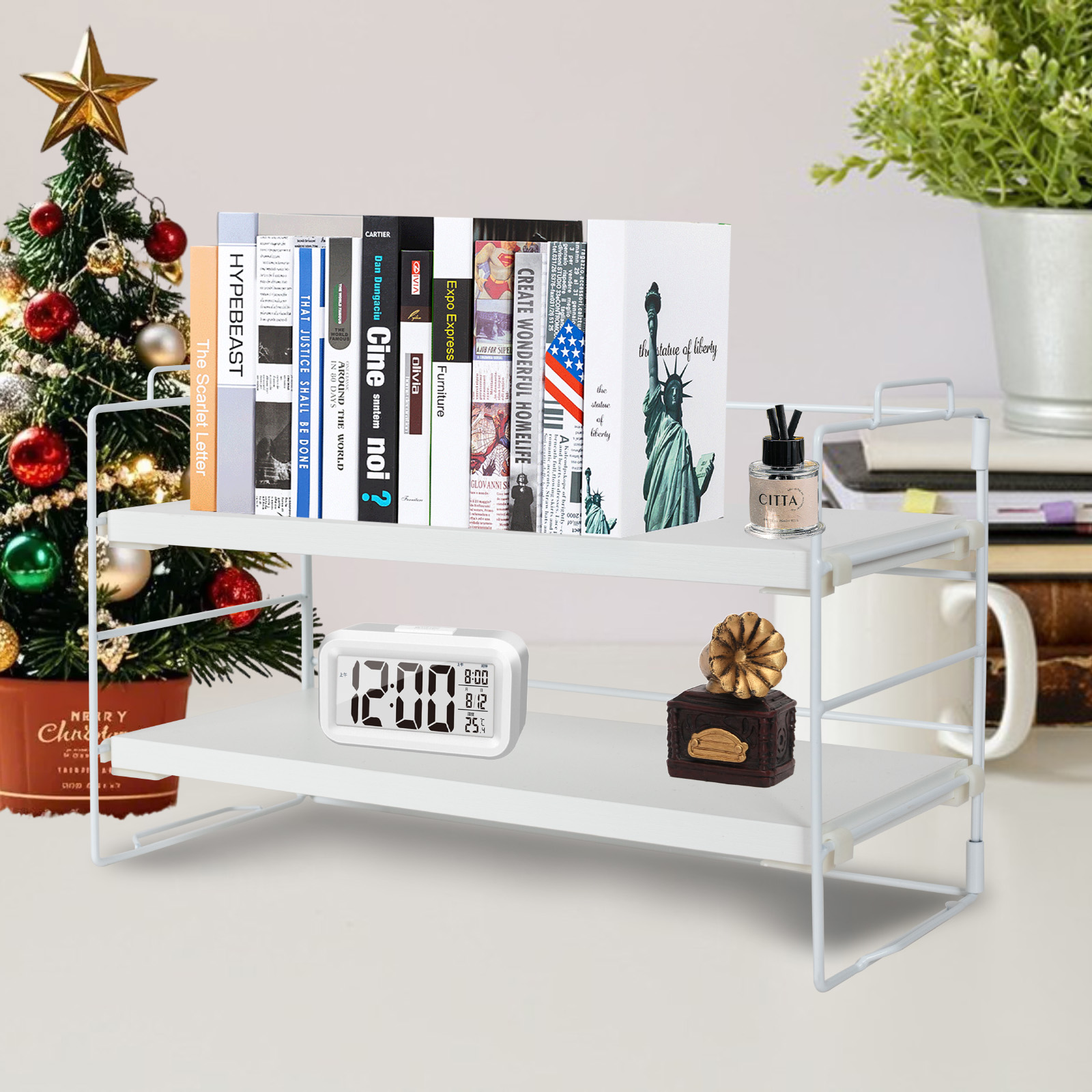 YOYTOO 2 Tier Wooden Desk Shelf Organizer, Metal Frame, Desktop Storage ...
