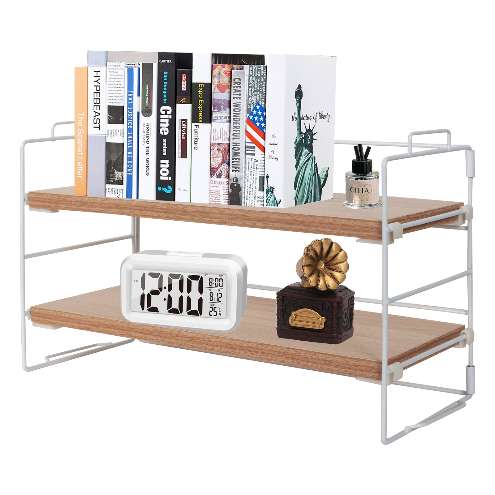YOYTOO 2 Tier Desk Shelf Organizer, Wooden Book Rack with Metal ...