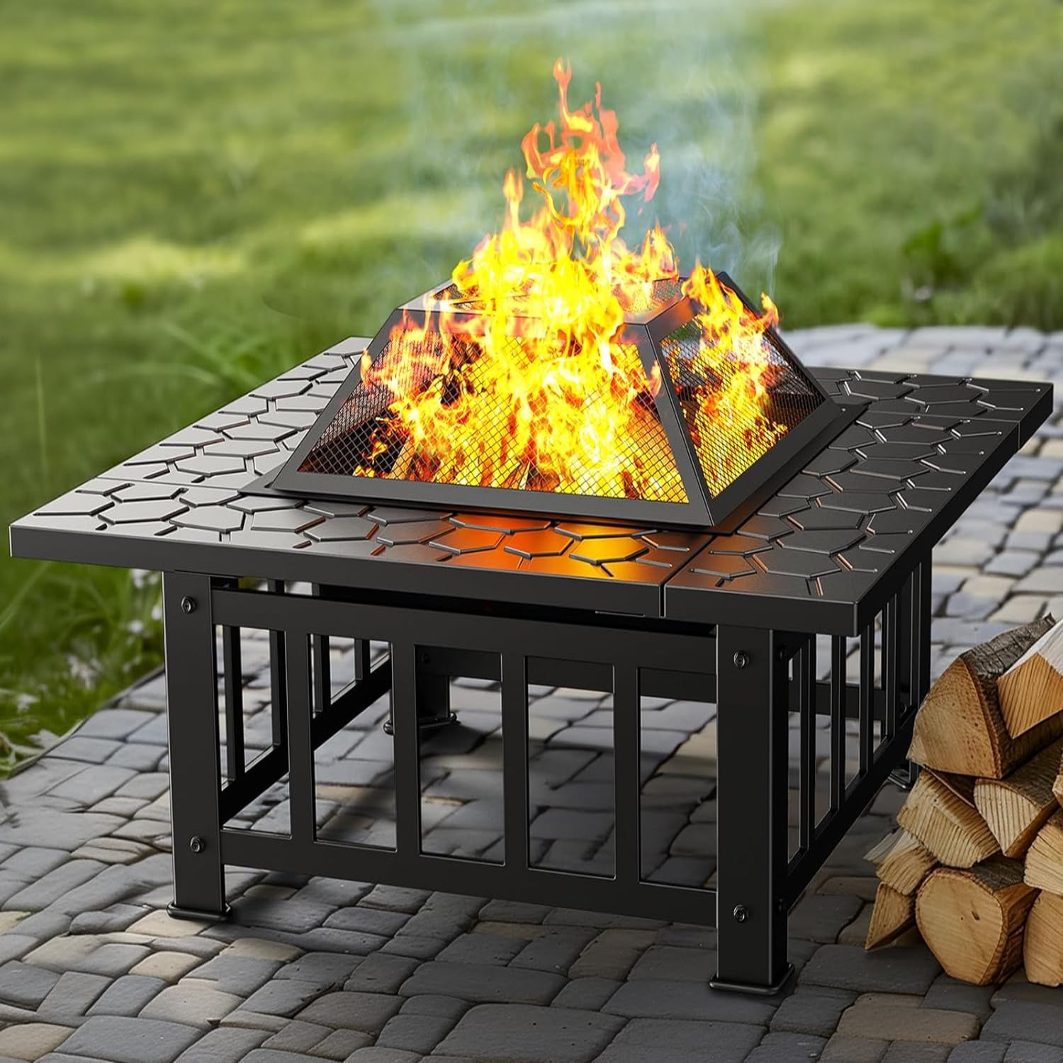 YOZIHAYL 32 inch Fire Pit 3-in-1 Multipurpose Outdoor Fire Pit Table ...