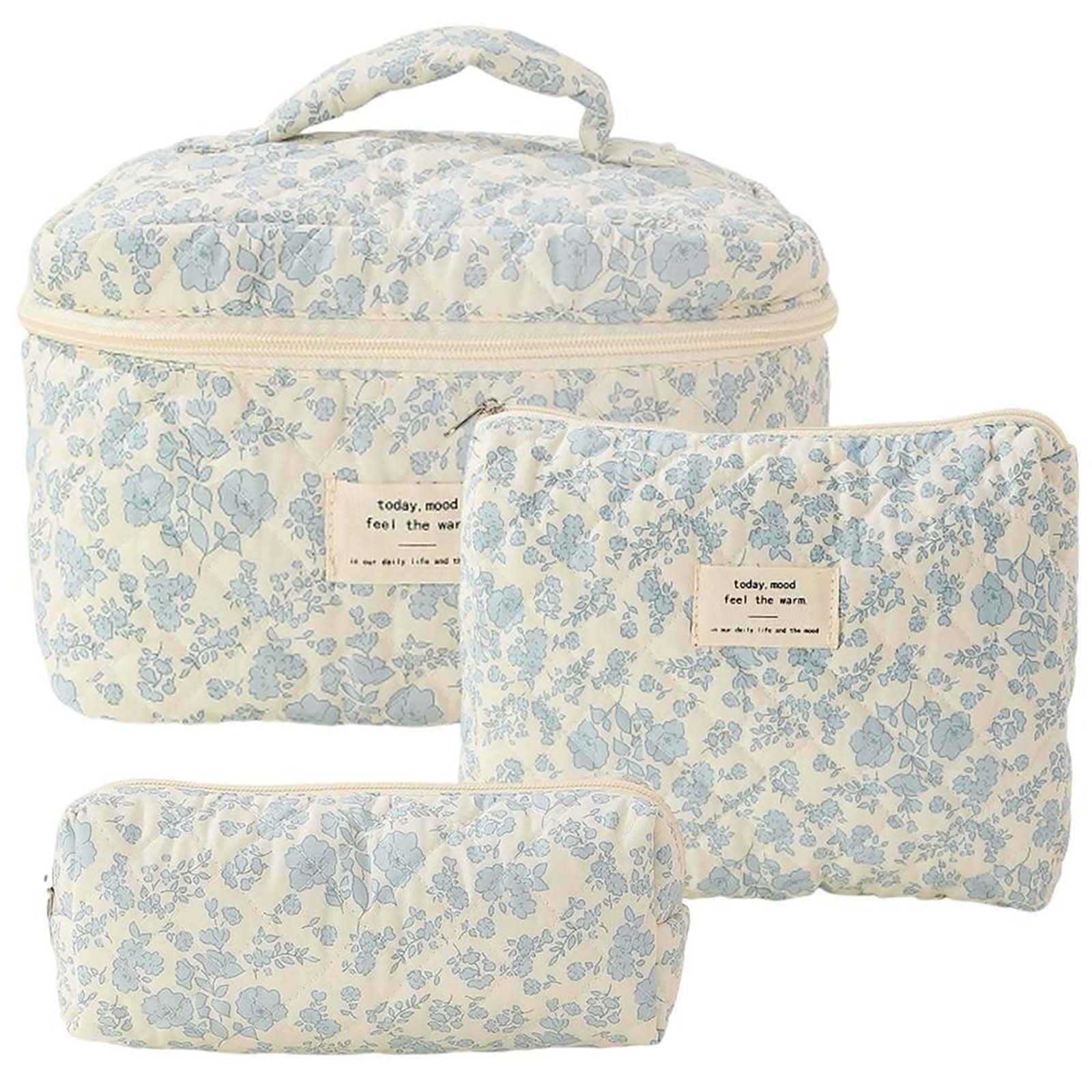 YQHZZPH 3 Pcs Cotton Quilted Makeup Bag Set Floral Cotton Cosmetic Bag ...