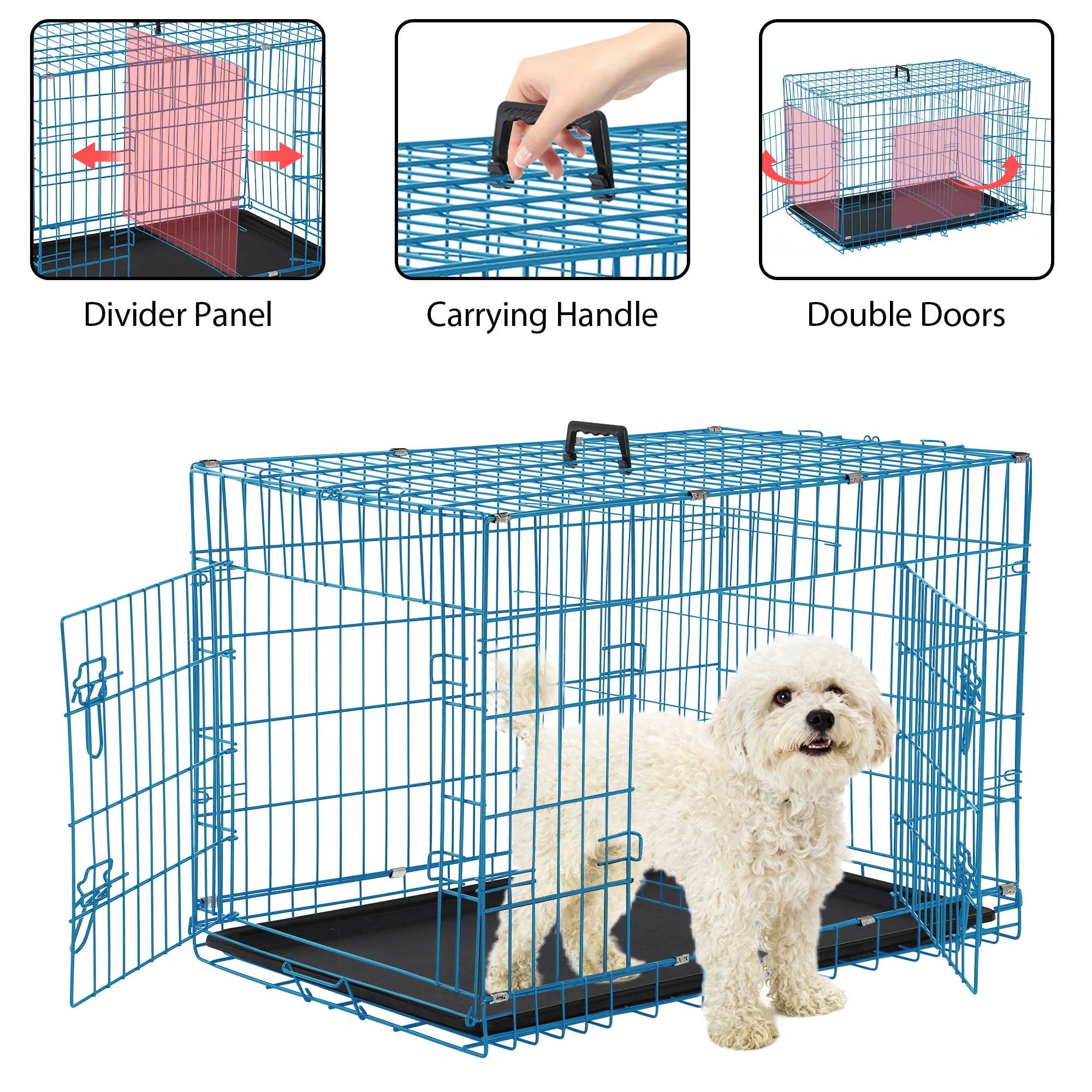 YRLLENSDAN 24 inch Folding Metal Dog Crate, Double-Door, Divider, Tray ...