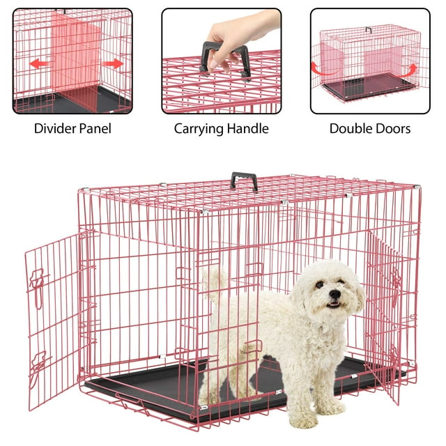 YRLLENSDAN 24in Pink Dog Crate, Folding Metal Kennel with Double-Door ...