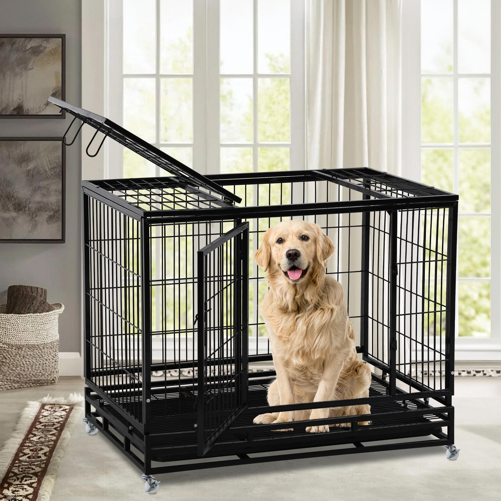 YRLLENSDAN Heavy Duty XL Dog Crate, 36/42/48 inch, Double-Door, Wheels ...