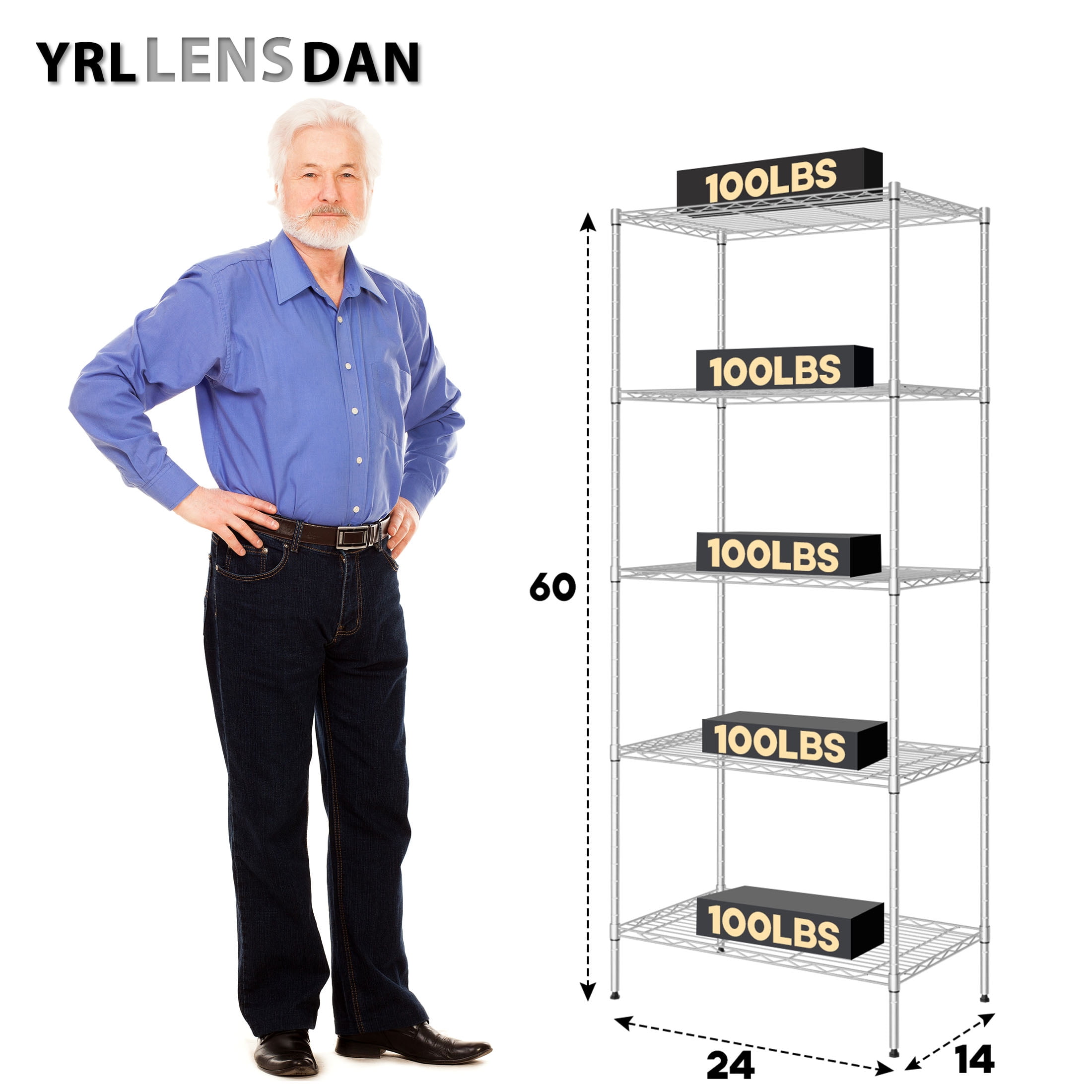 YRLLENSDAN 5 Tier Shelving Unit 24Lx14W Height-Adjustable Metal Storage ...