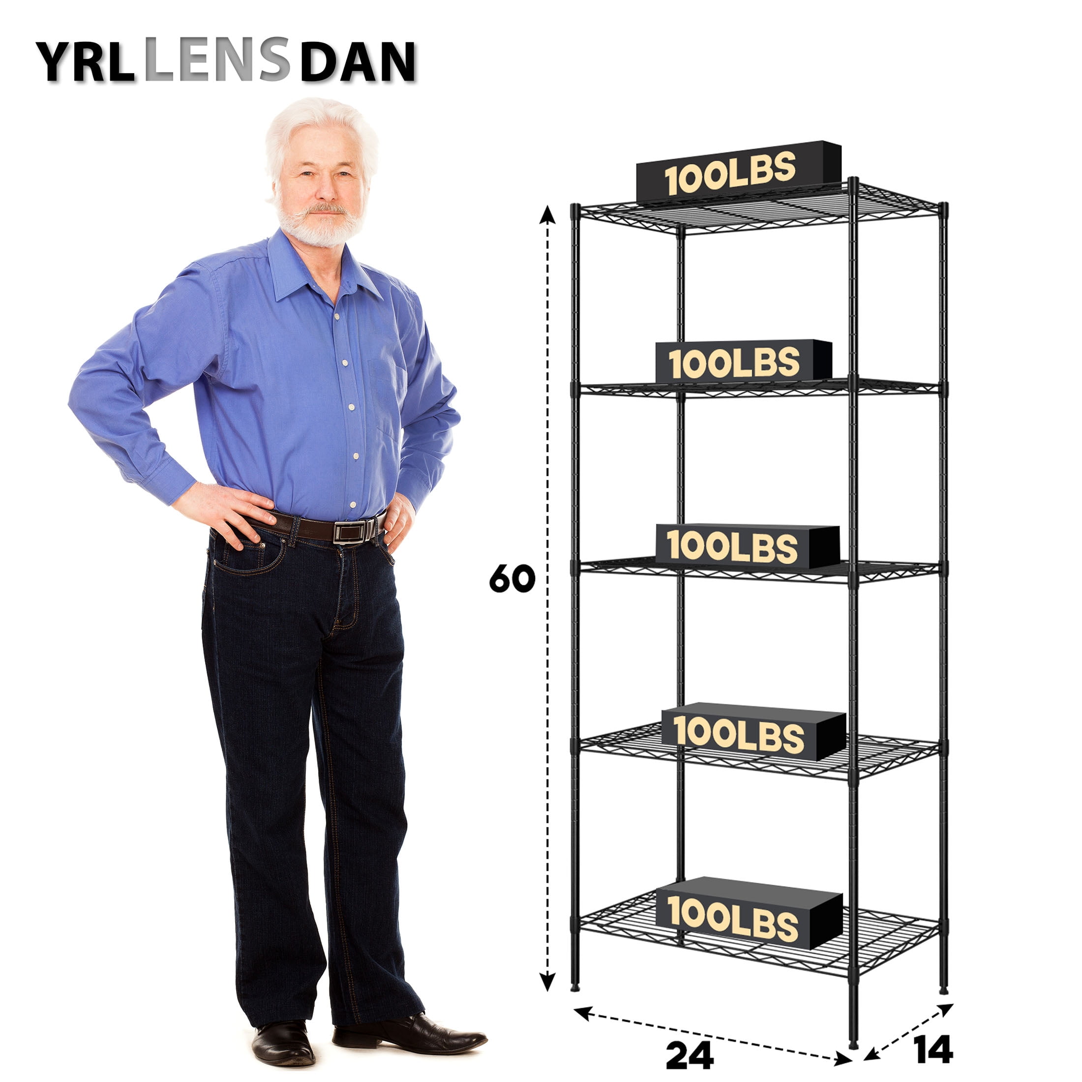 YRLLENSDAN 5 Tier Shelving Unit 24Lx14W Height-Adjustable Metal Storage ...
