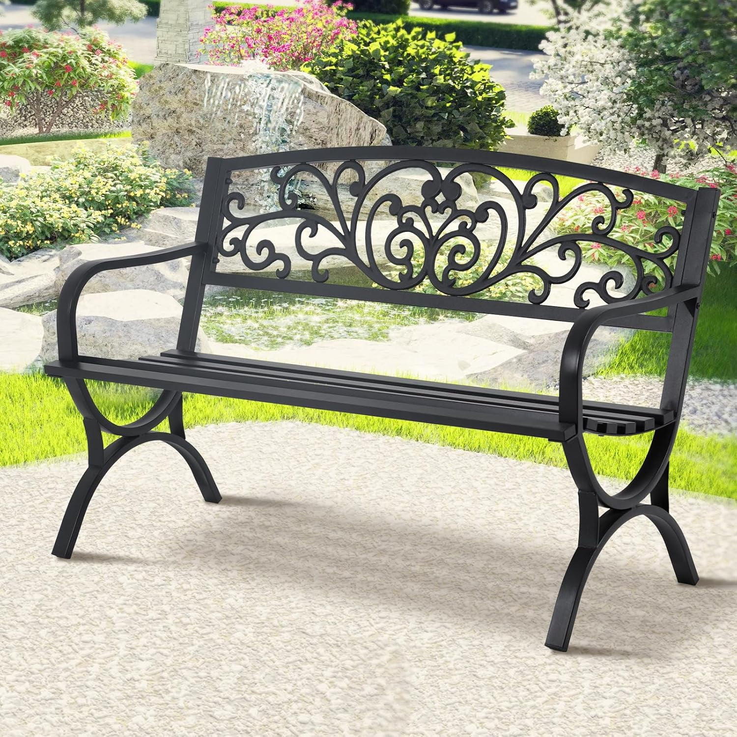 YRLLENSDAN 50" Outdoor Bench w/Floral Design Backrest Garden Bench ...