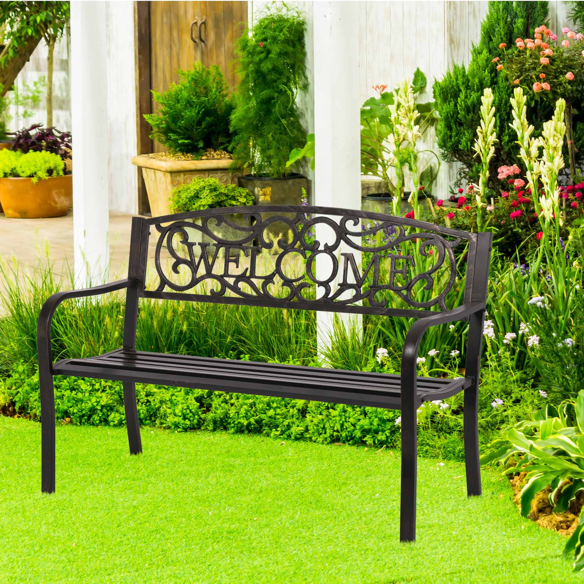 YRLLENSDAN 50in Outdoor Bench, Metal Garden Bench for Outdoors Patio ...