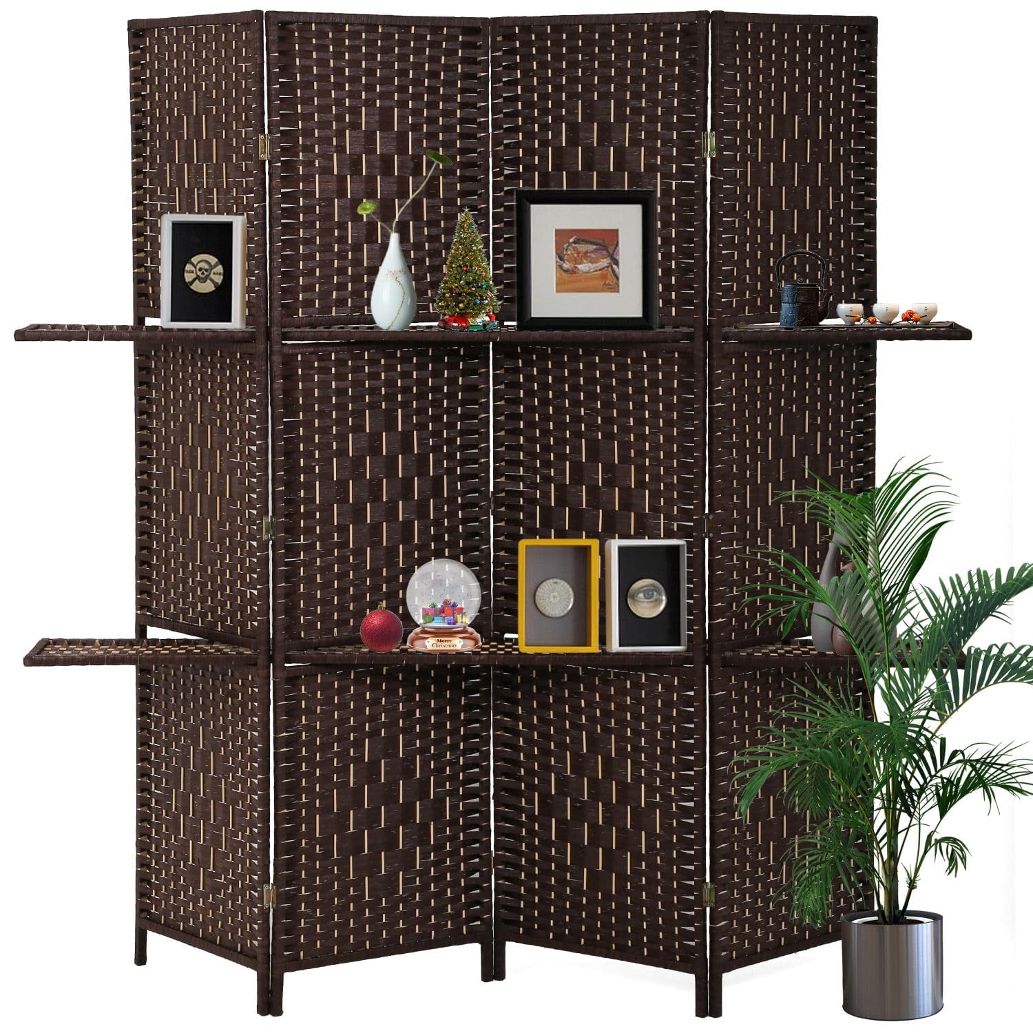 YRLLENSDAN 4 Panel Folding Room Divider with Storage Shelves, Tall Wall ...