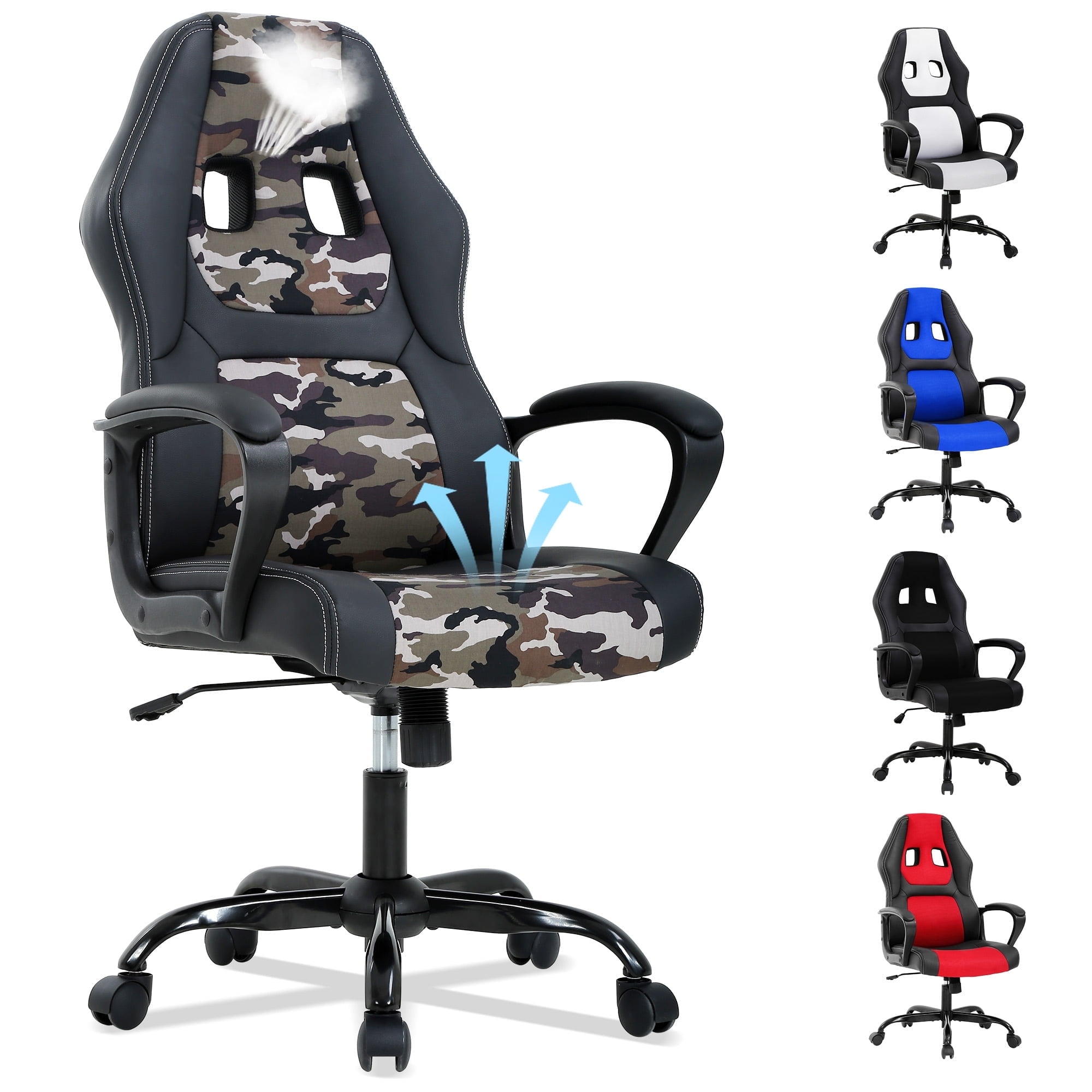 YRLLENSDAN Camo Adults PU Leather Gaming Chair with Mute Pulley, Black ...