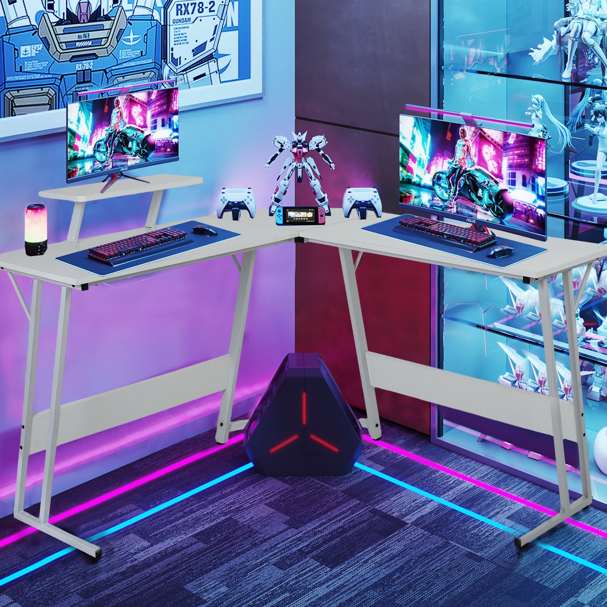 YRLLENSDAN Adult L-Shaped Ergonomic Gaming Desk, White, Monitor Stand ...
