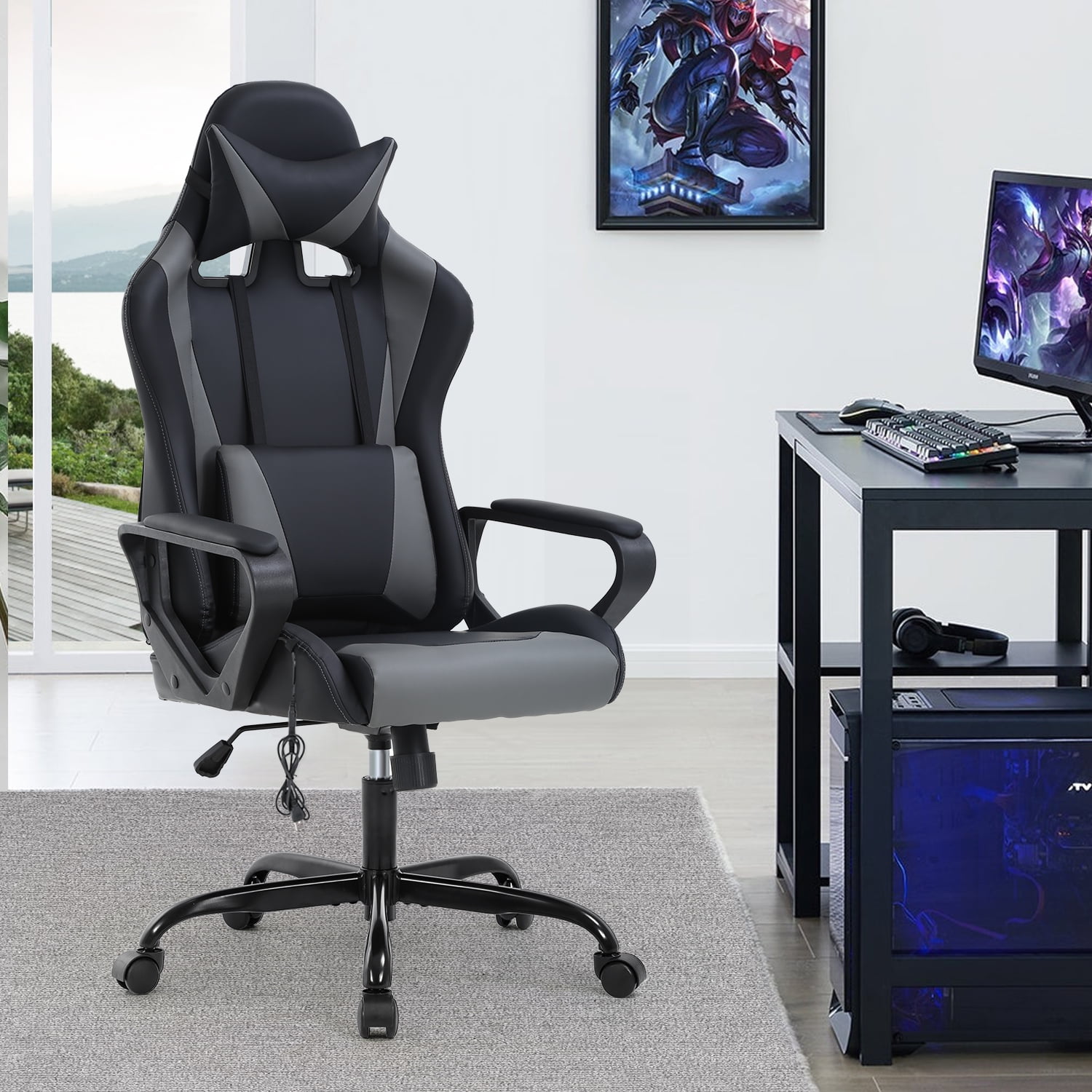 YRLLENSDAN Ergonomic Gaming Chair Video Game with Massager, Grey ...