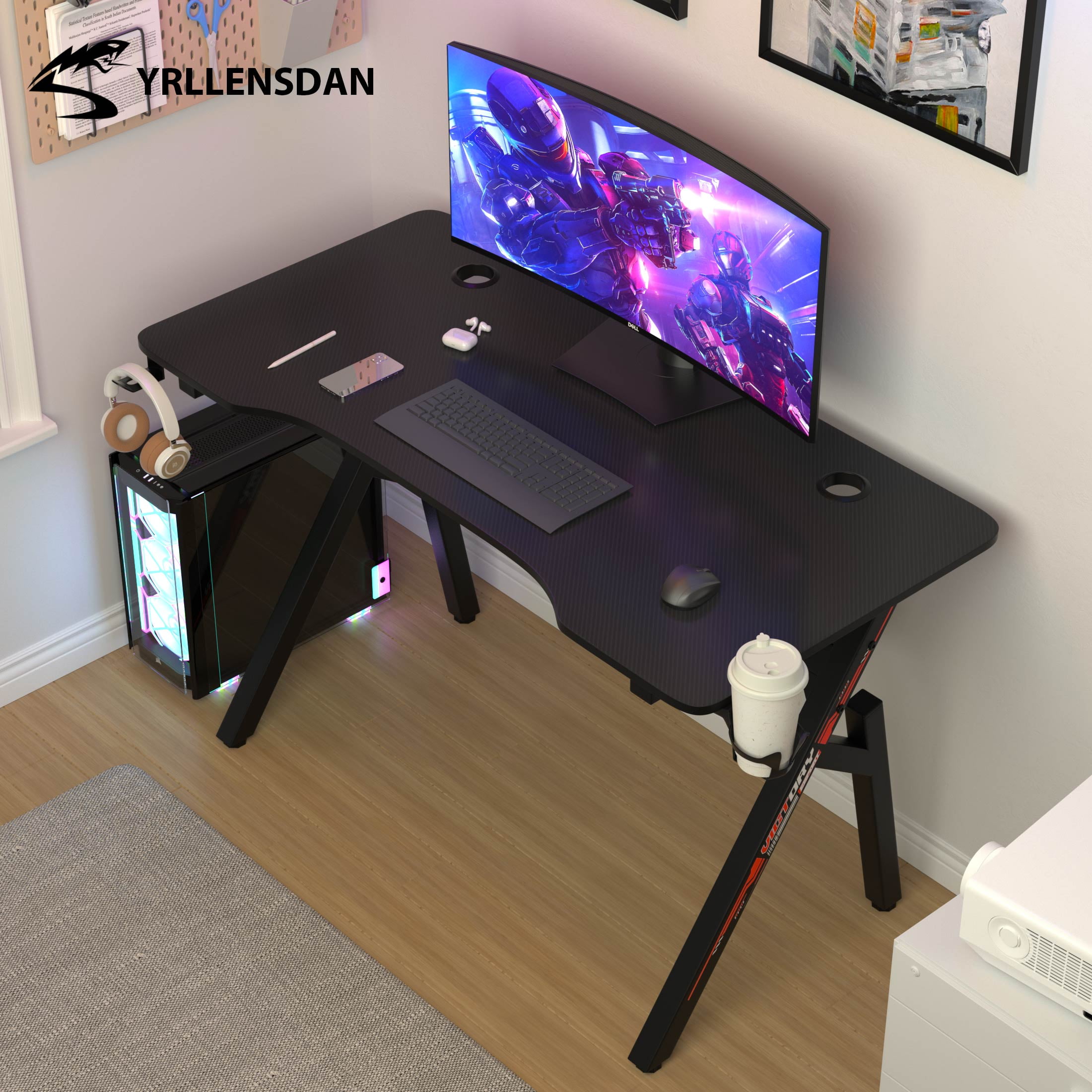 YRLLENSDAN Ergonomic Gaming Desk Table with Cable Management and Hook ...