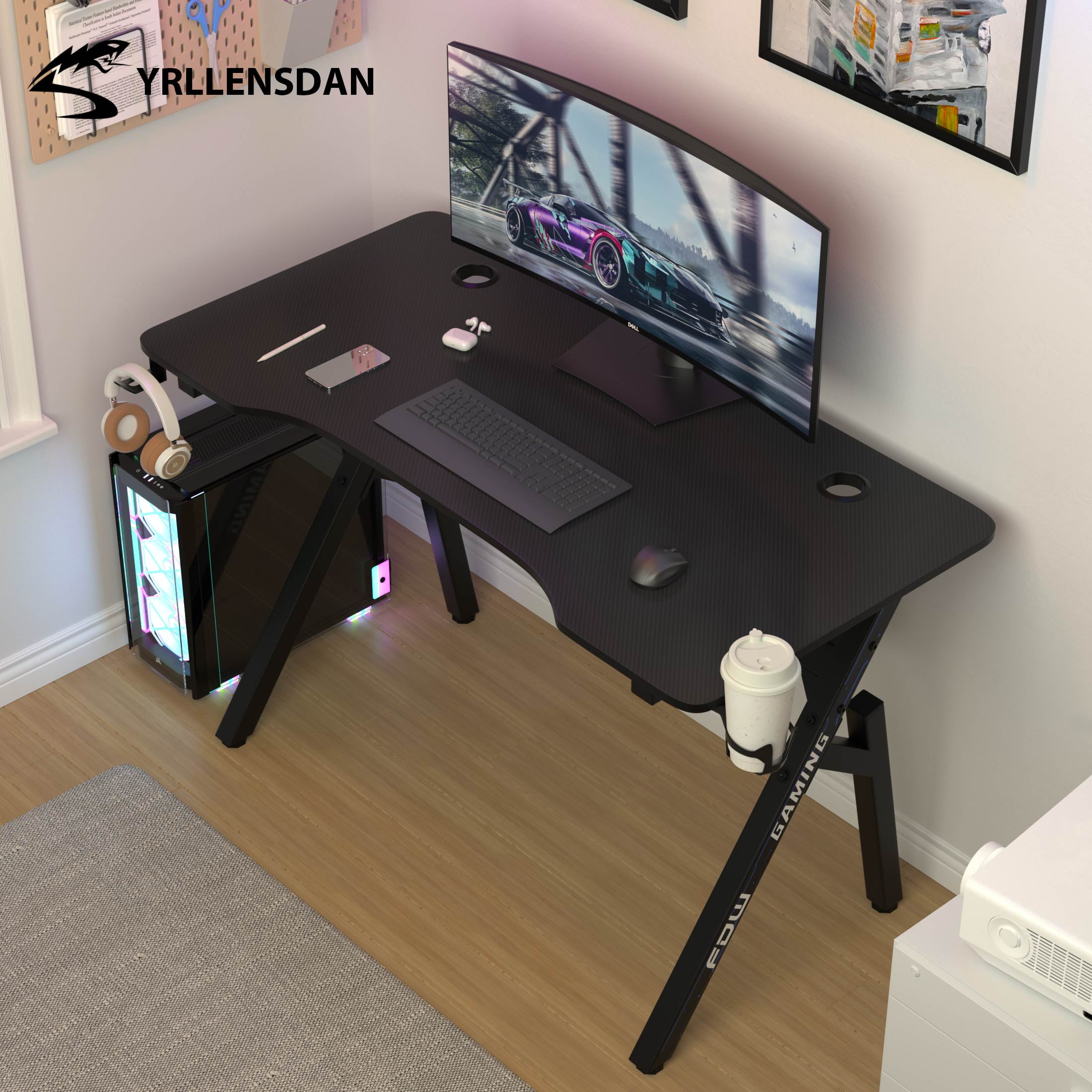 YRLLENSDAN Ergonomic Gaming Table with Cable Management and Hook, 47 ...