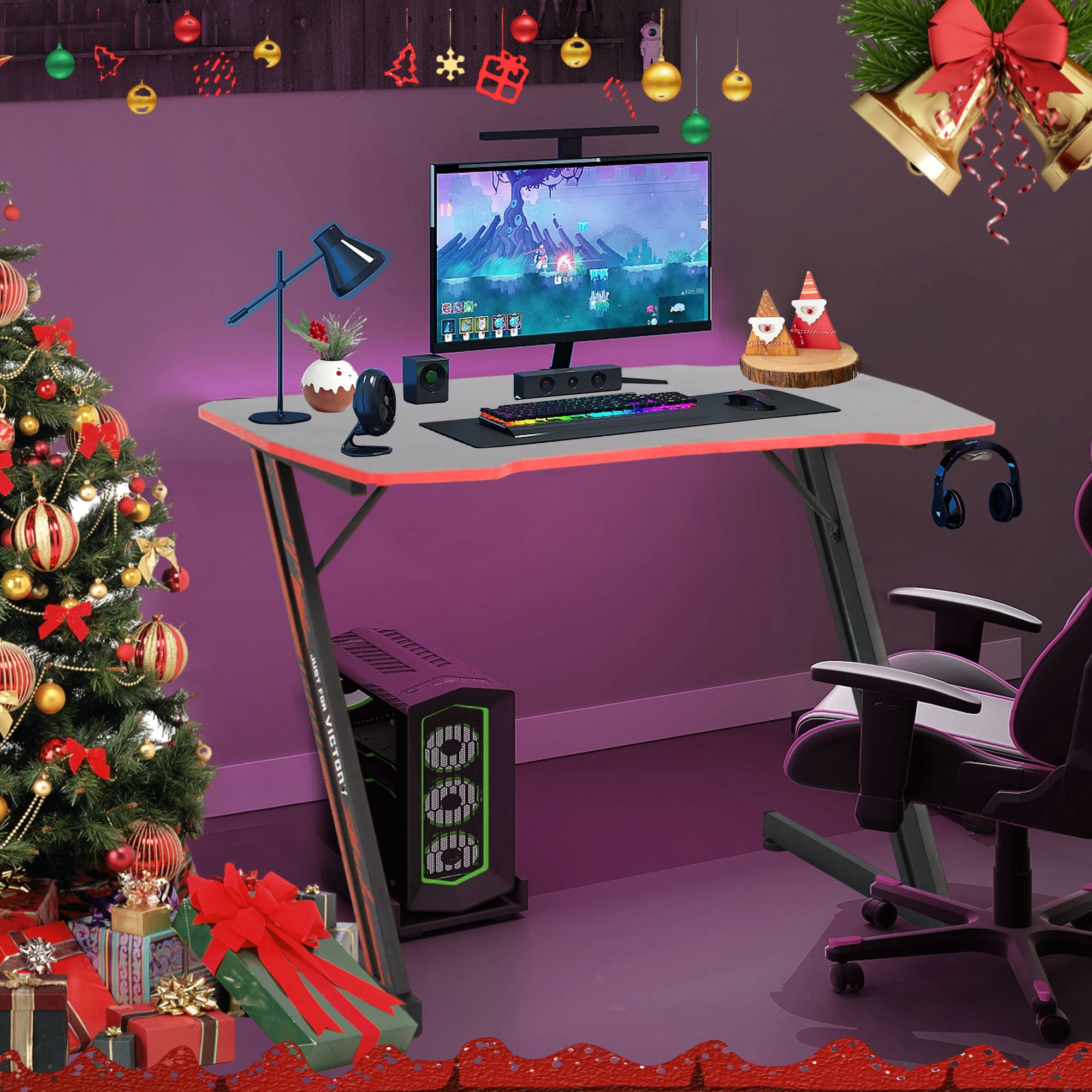 YRLLENSDAN 35.4in Carbon Coated Z Shaped Gaming Desk, Ergonomic Red PC ...