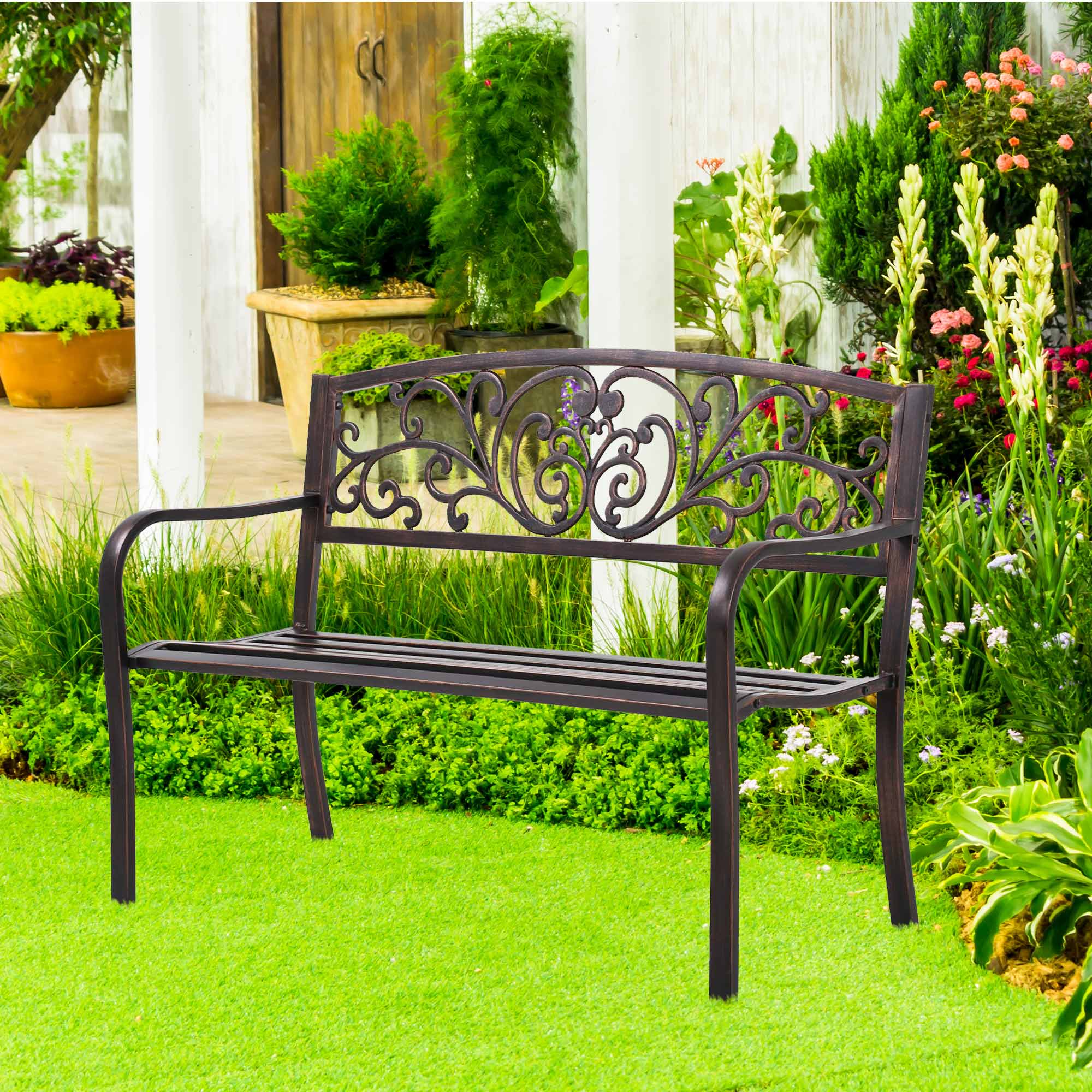 YRLLENSDAN Metal Outdoor Benches Weatherproof, Patio Bench Garden ...
