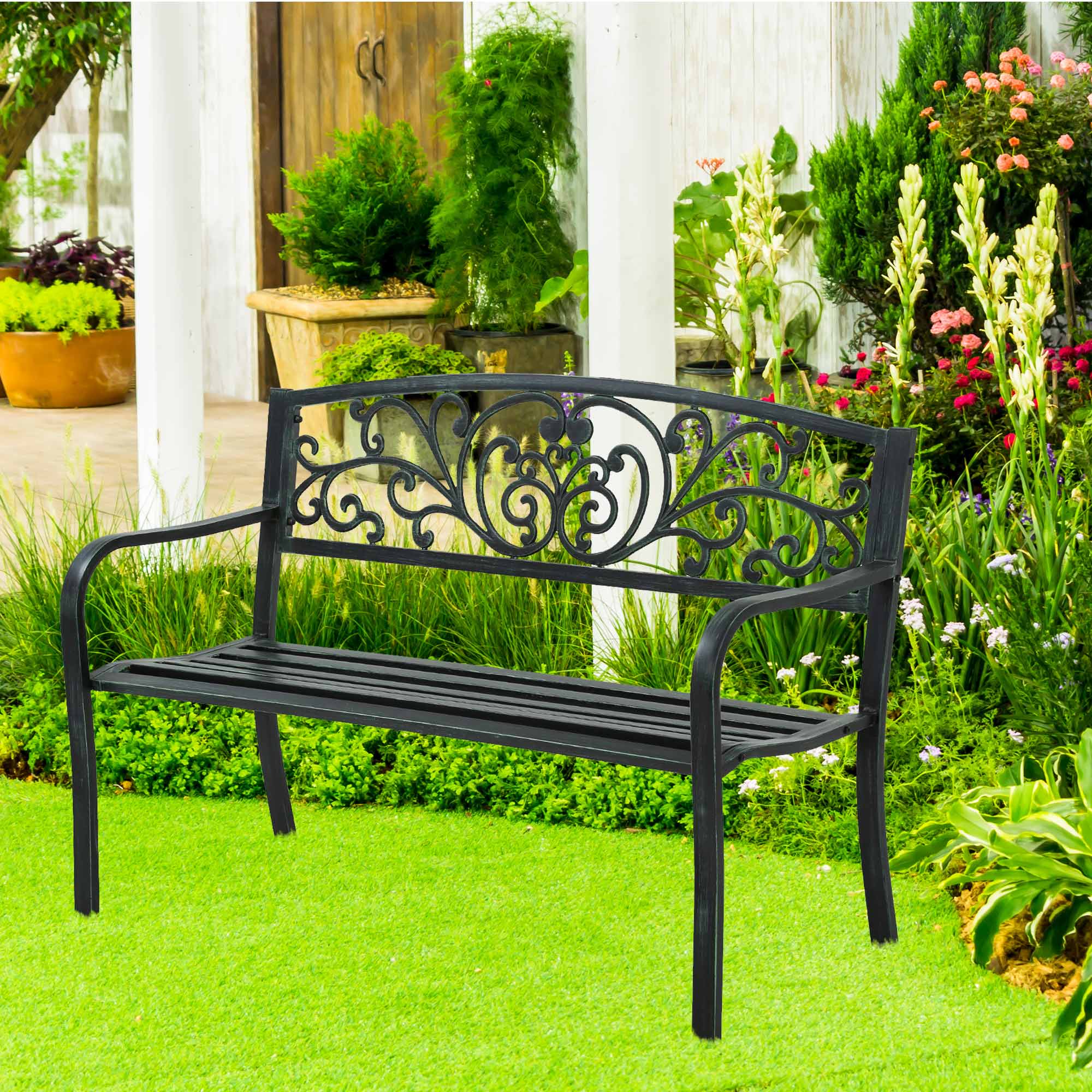 YRLLENSDAN Metal Outdoor Benches Weatherproof, Patio Bench Garden ...