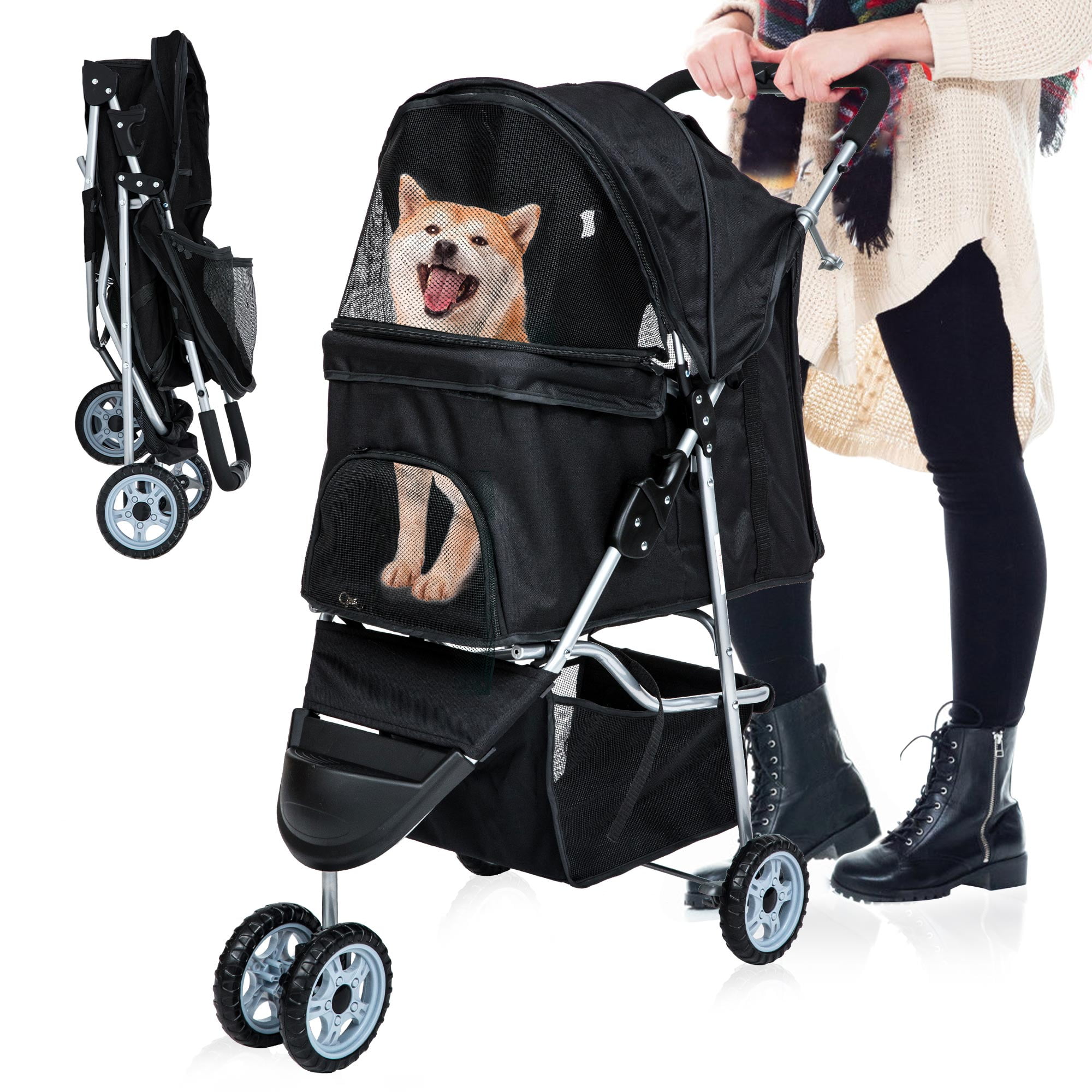YRLLENSDAN Foldable Pet Stroller for Small/Medium Dogs & Cats, 3-Wheel ...