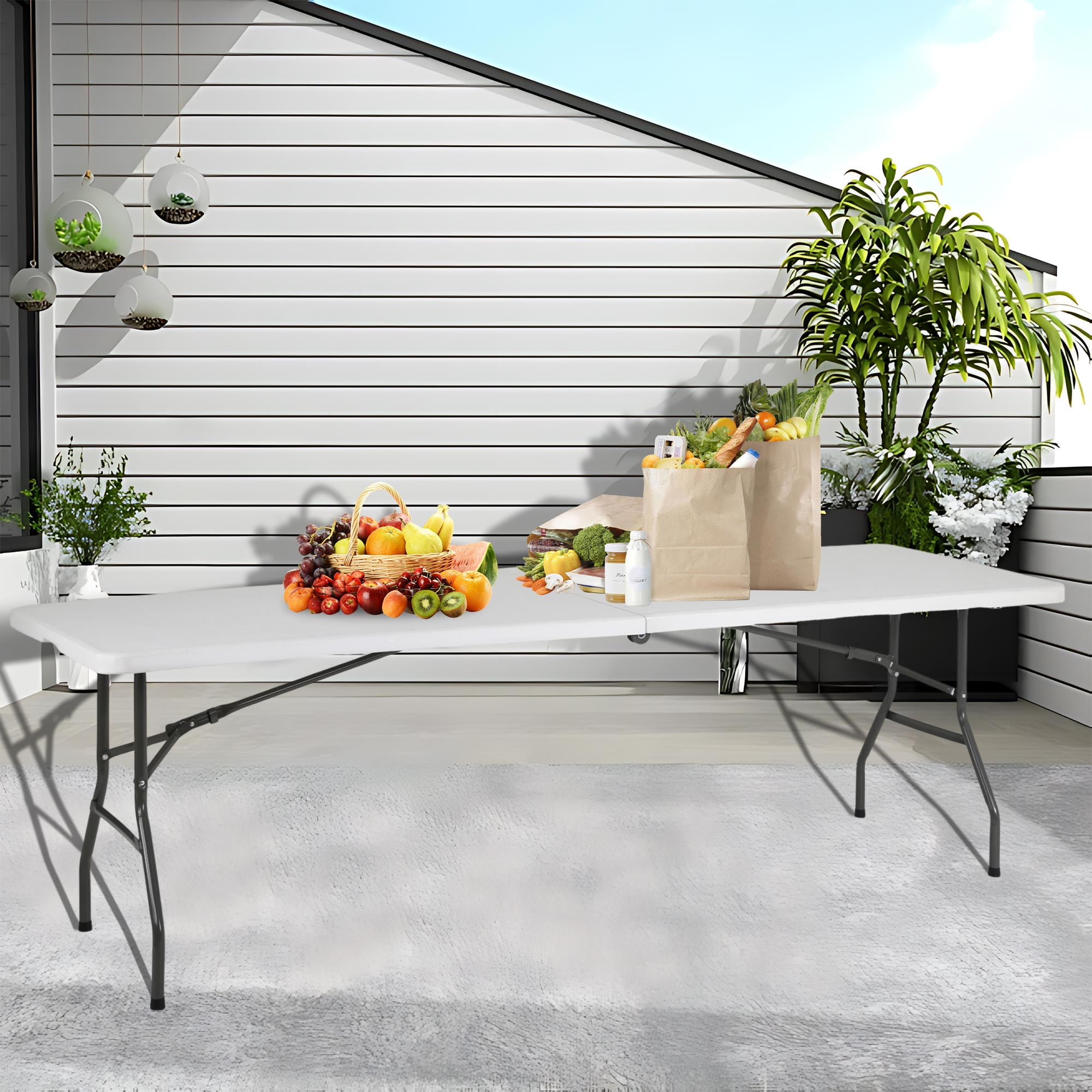 YRLLENSDAN Plastic Small Folding Tables 8' White, Camping Table Fold Up ...