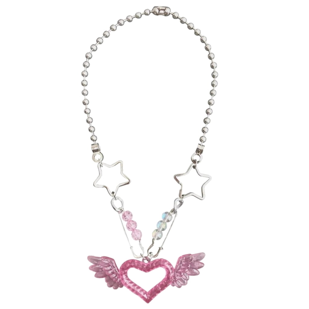 YROHGKPN Gothic Pink Heart Wing Pendant Necklace Sweet Cool Clavicle ...
