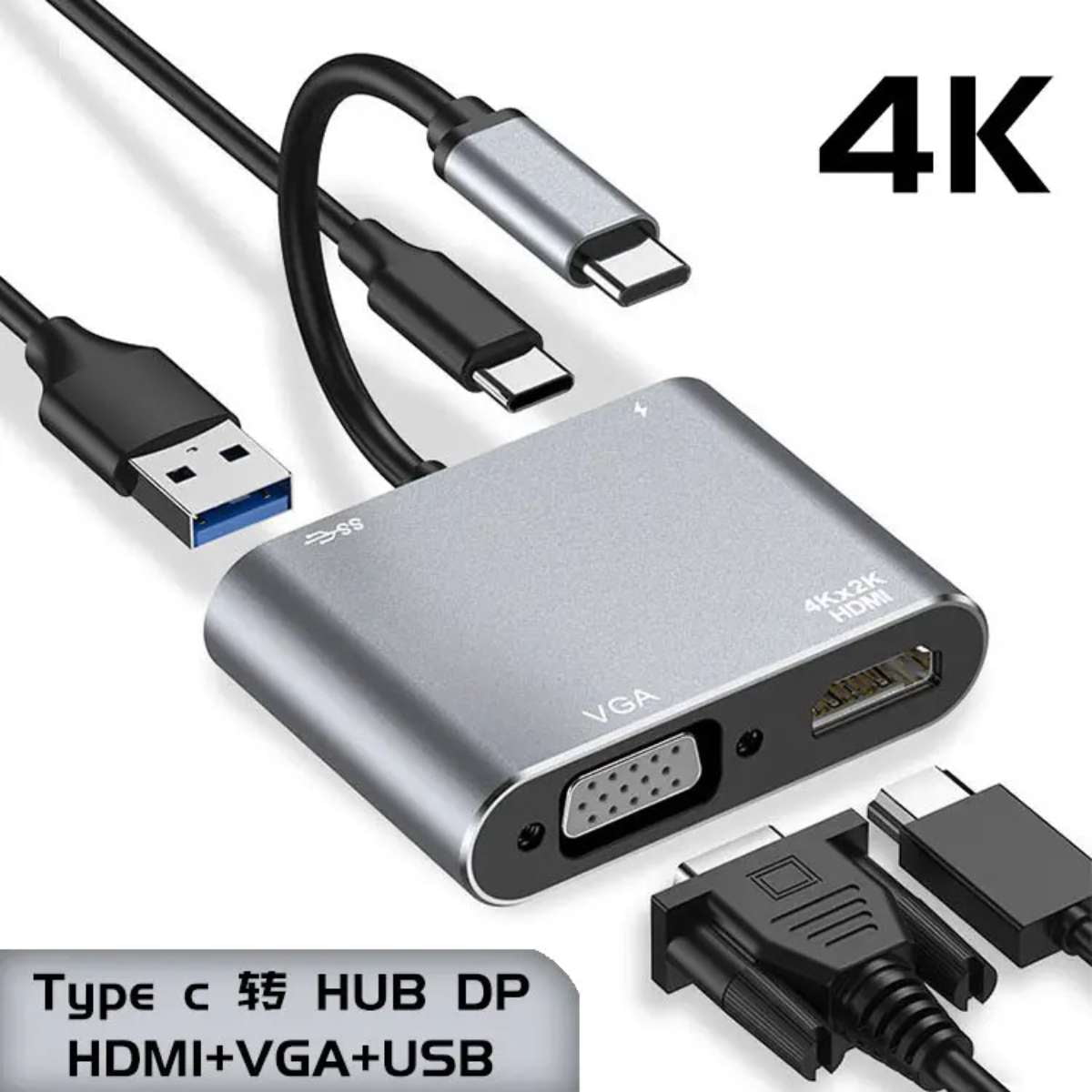 YRWTO USB C to 4K HDMI VGA Adapter 4-in-1 Hub USB 3.0 OTG Charging 100w ...
