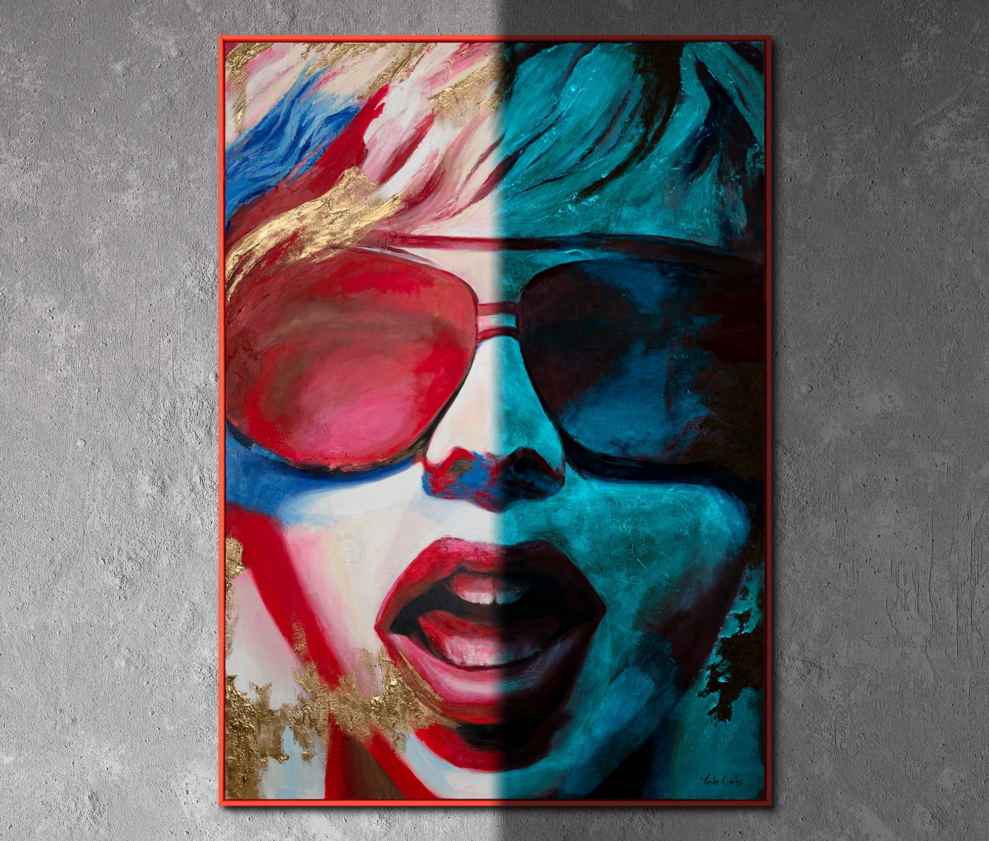 YS-Art Bright Emotions Large Canvas with Red Frame, Handcrafted Glow-in ...