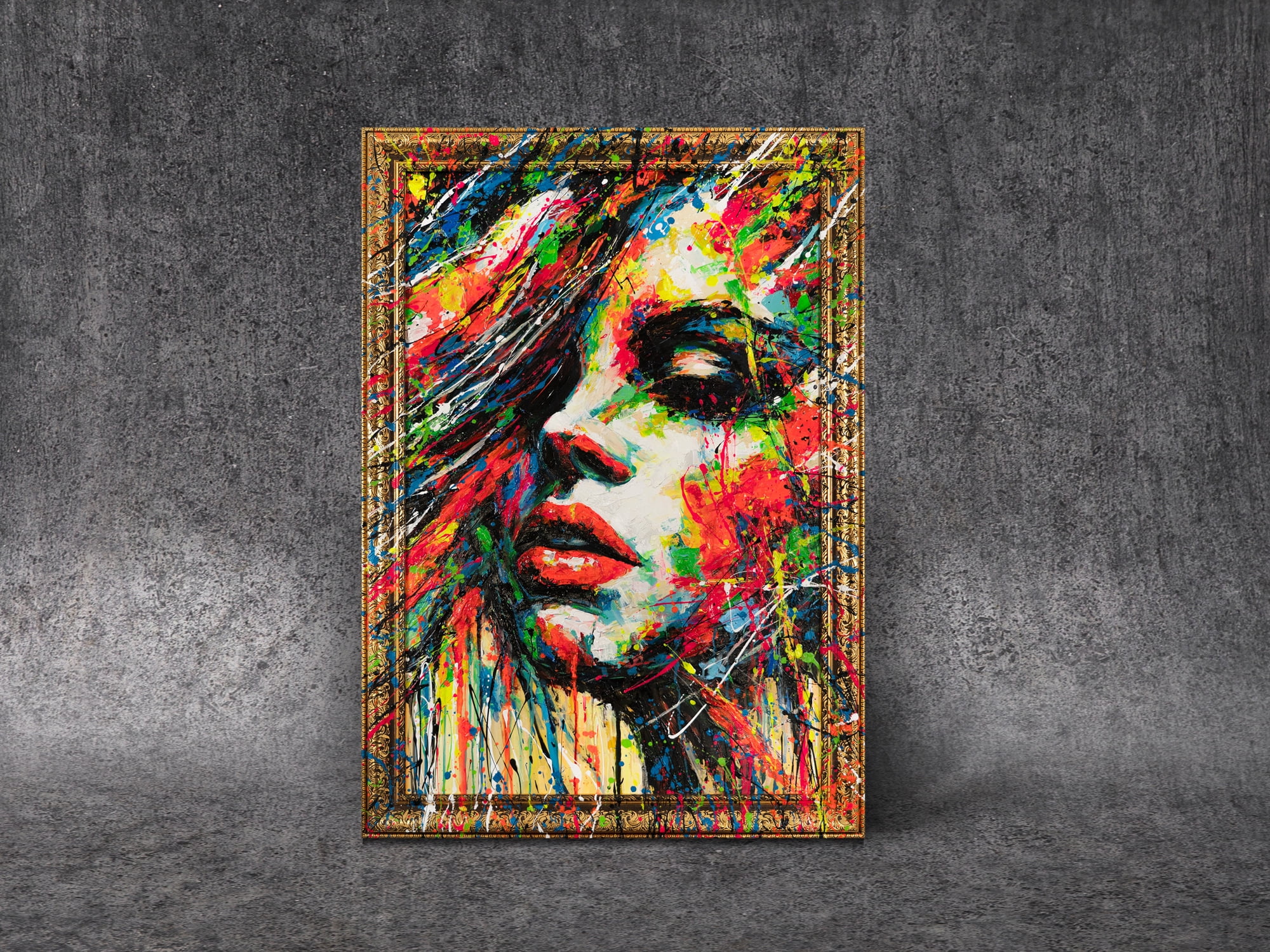 YS-Art Colors of Passion Abstract Portrait Wall Art with Gold Frame ...