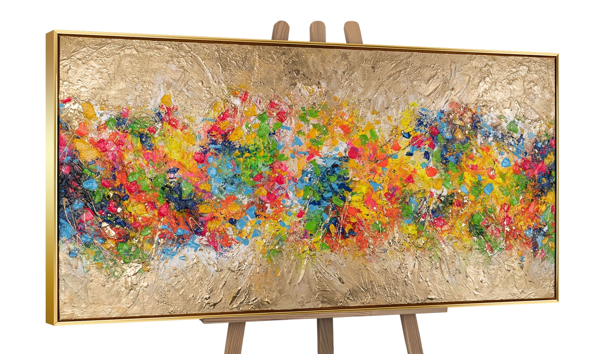 YS-Art Fireworks of Colors Acrylic Abstract Textured Canvas Wall Art with Gold Frame, Modern ...