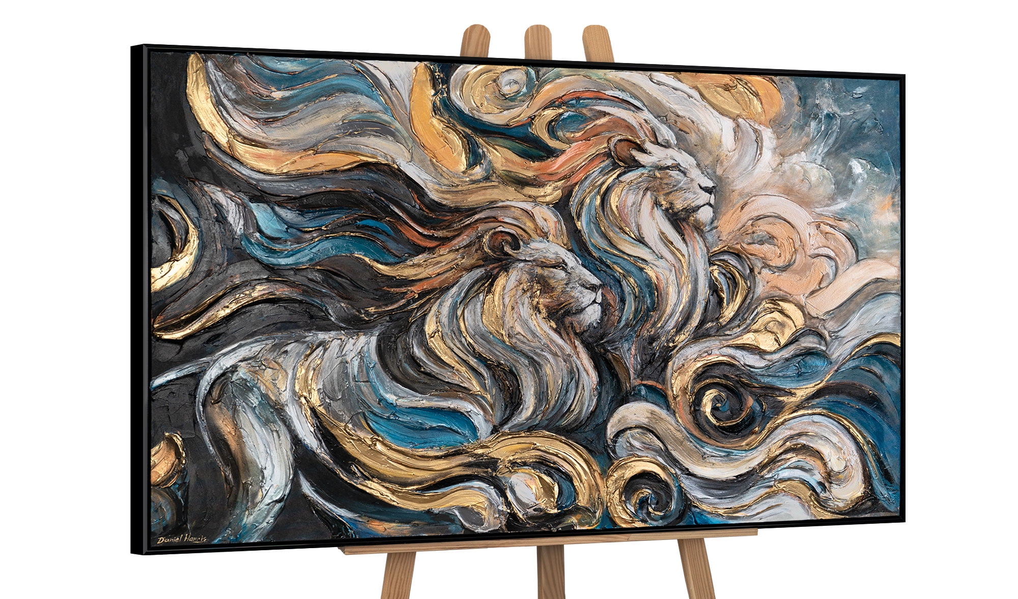 YS-Art Hand-Painted Abstract Lion Canvas Wall Art with Black Frame ...