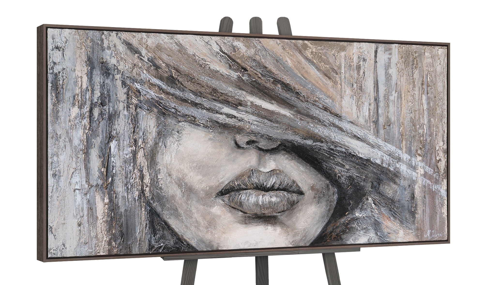YS-Art Lady Textured Portrait Canvas Wall Art with Gray Frame, Modern ...