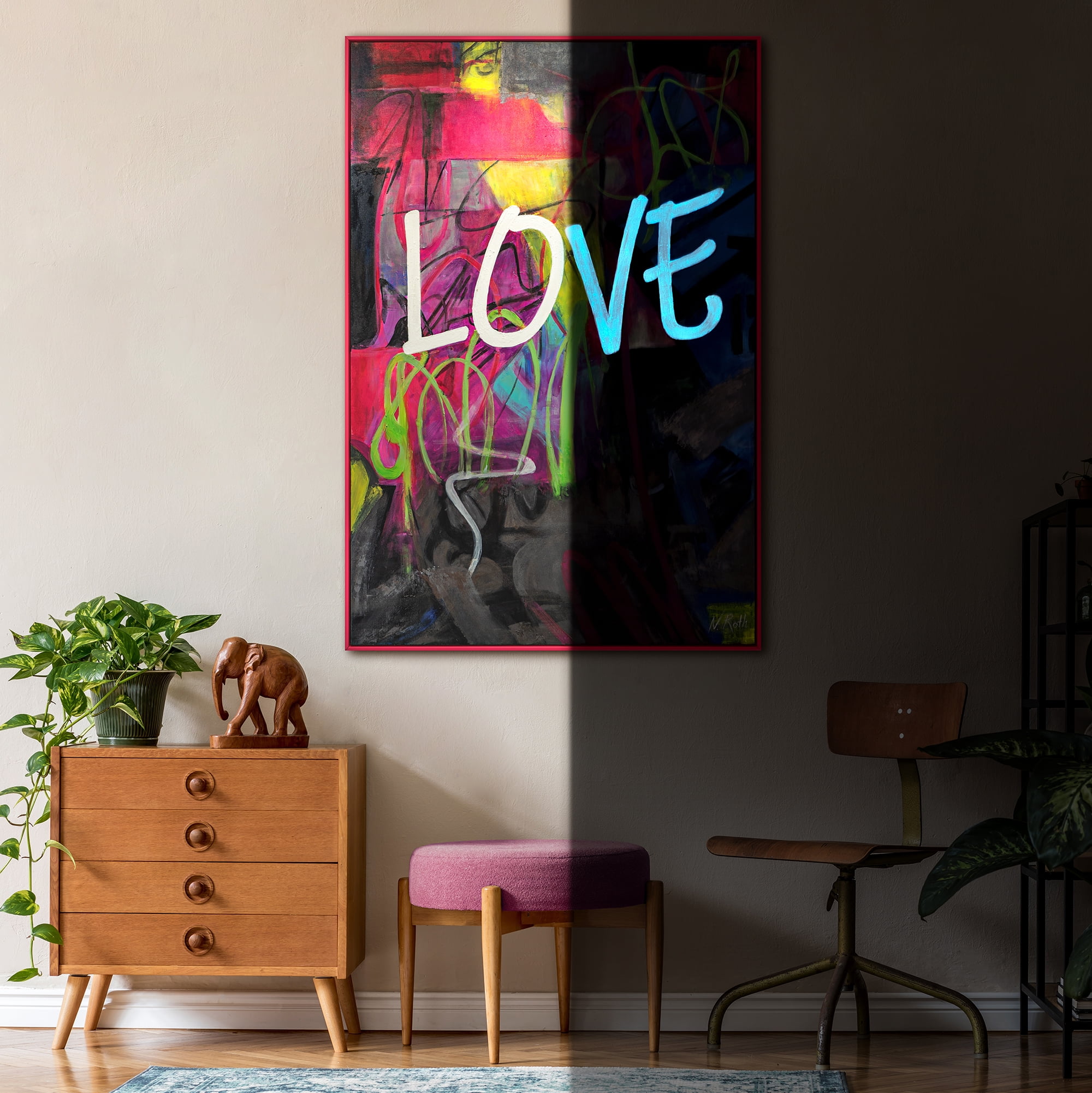 YS-Art Love Glow-in-the-Dark Canvas Art with Pink Frame, Abstract ...