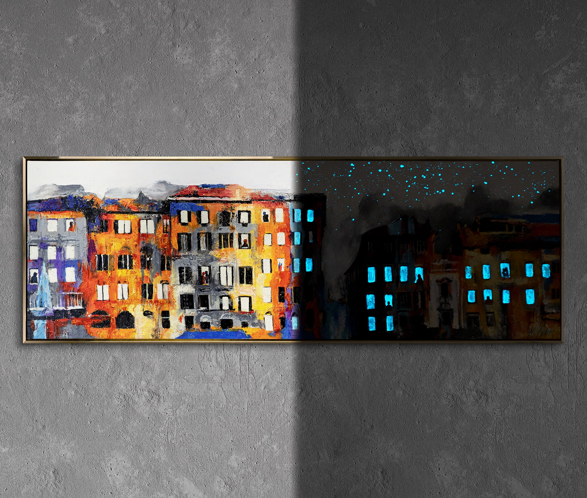 YS-Art Small Town Glow-in-the-Dark Wall Art with Gold Frame ...