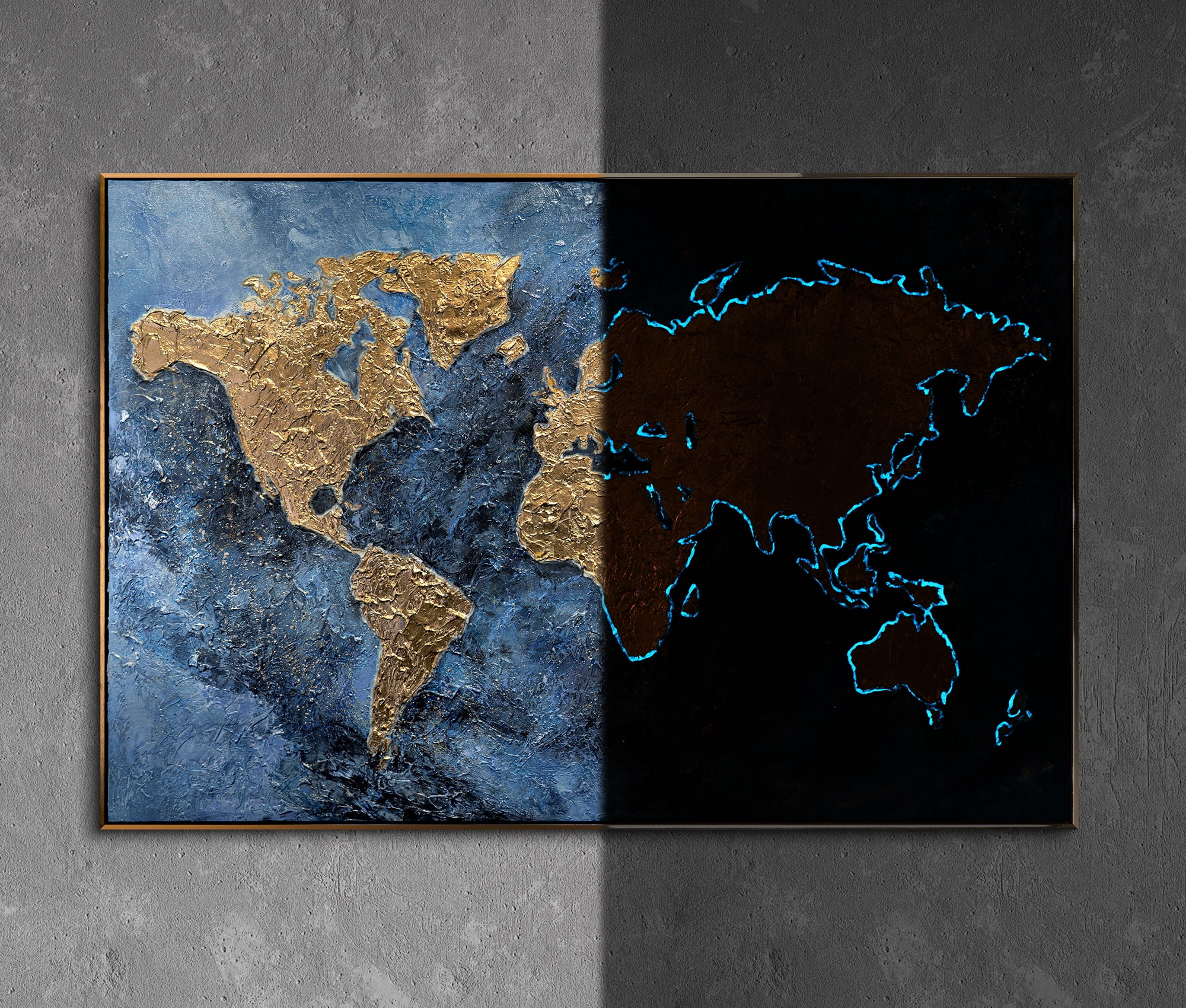 YS-Art World on Canvas Glow-in-the-Dark Map Art with Black and Gold ...
