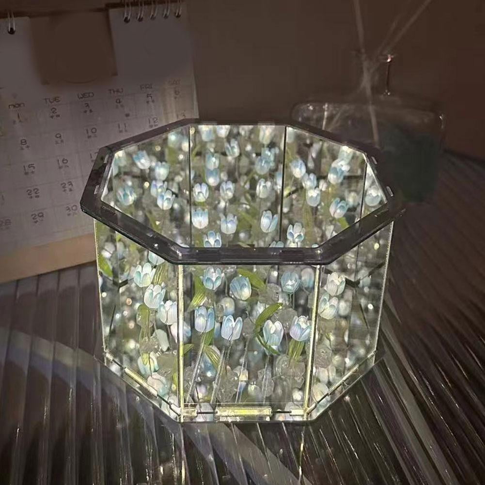YSABOXS Creative DIY Handmade Cube Tulip Flower Night Light DIY Mirror ...