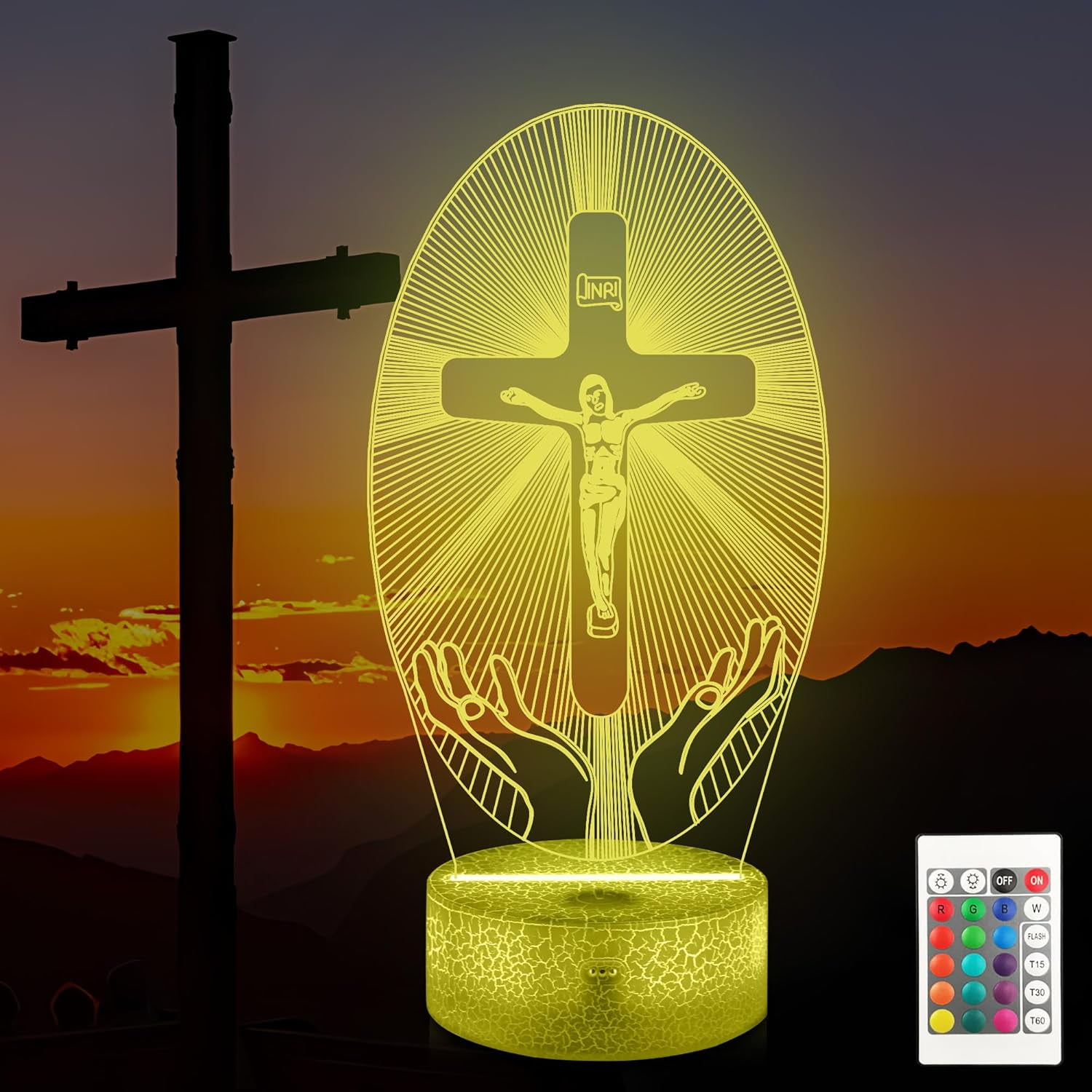 YSITIANNA 3D Jesus Cross Lamp, Optical Hologram LED Night Light ...