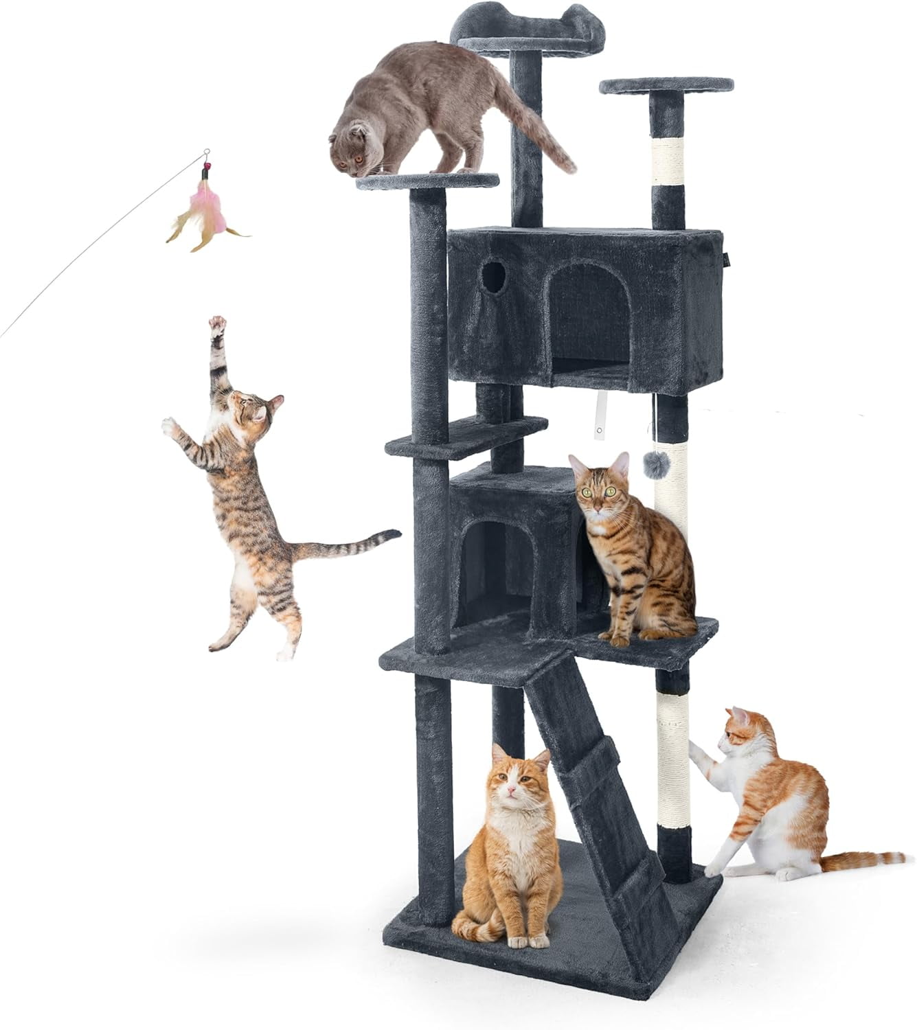 YSNW Cat Tower for Indoor w/Cat Wand Toy, Modern Cute 74-Inch Cat Tree ...