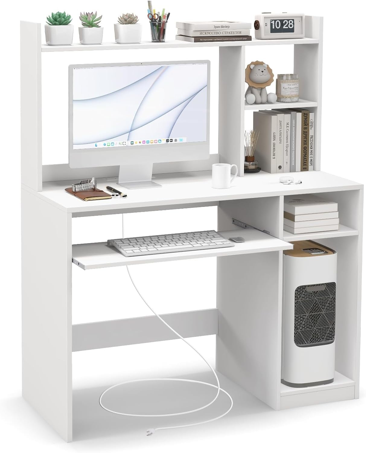 YSNW Computer Desk with Hutch, Wood PC Table w/Power Outlet, Keyboard ...