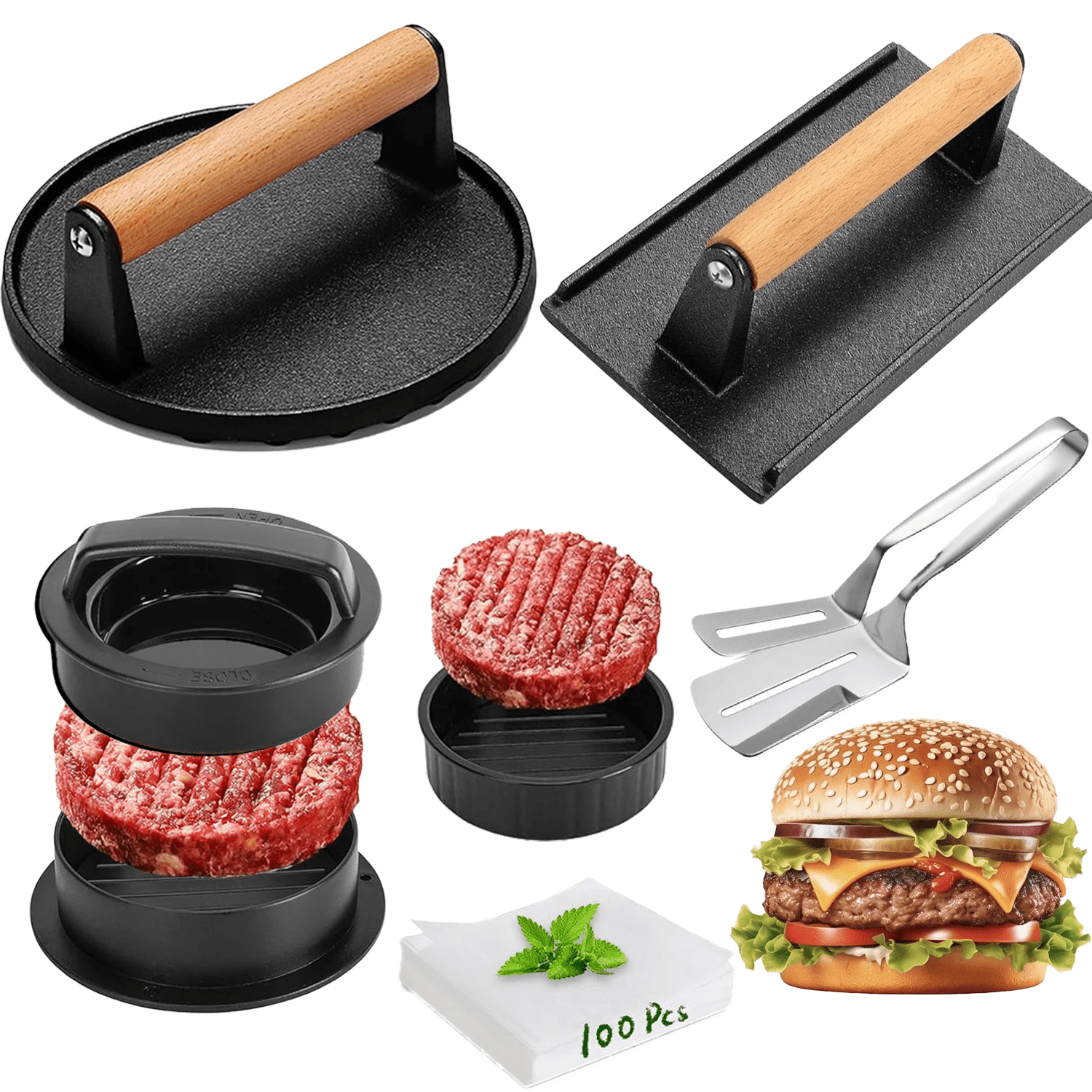 YSPUKY 6pcs Smash Burger Press Kit, 3 in 1 Hamburger Press Patty Maker ...