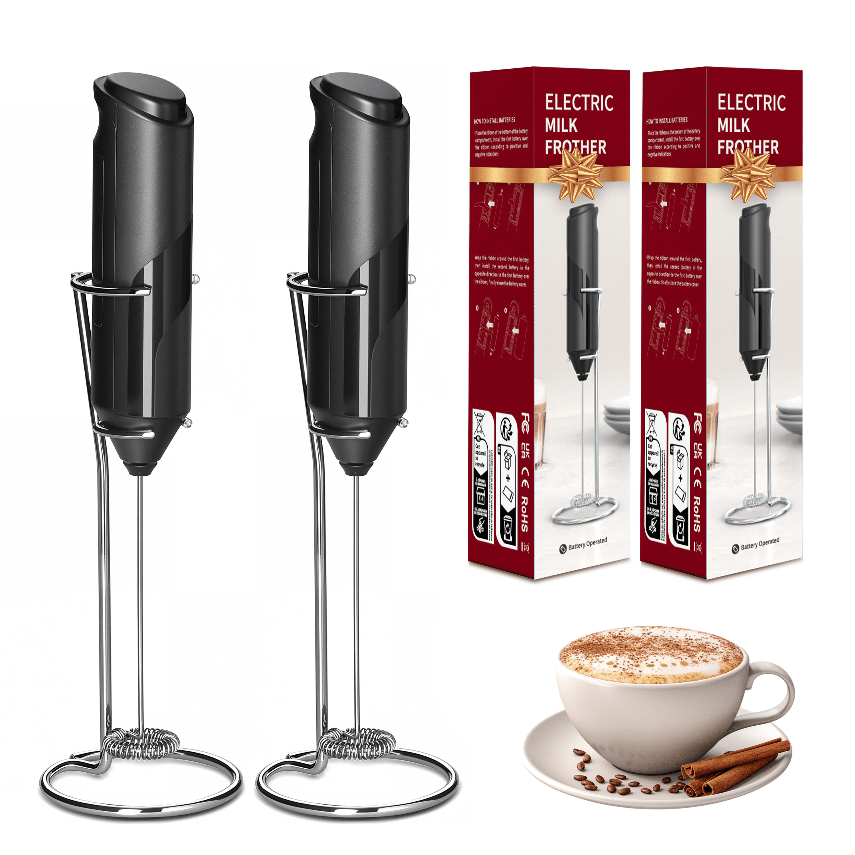 YSSOA Electric Milk Frother Handheld with Stainless Steel Stand Battery ...
