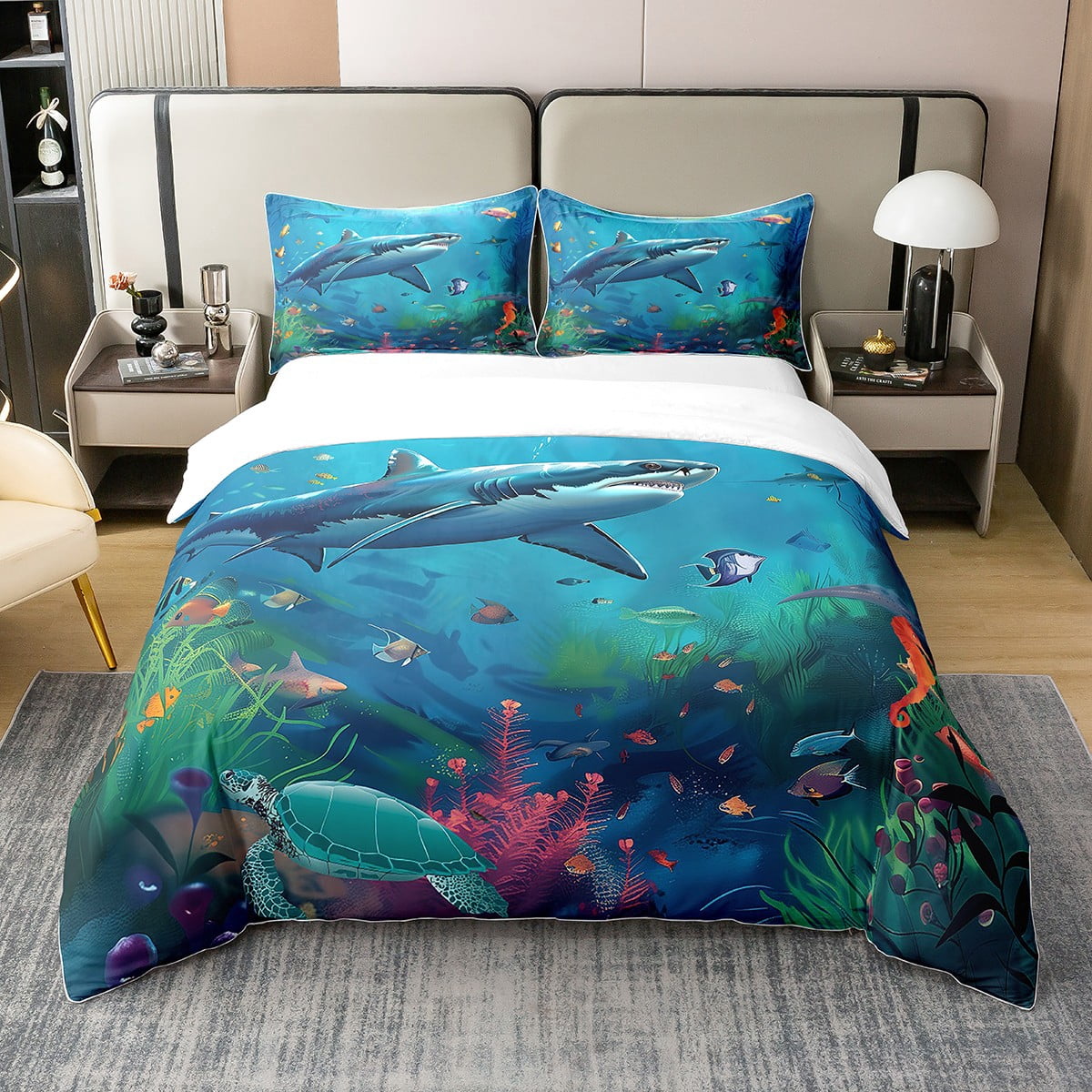 100% Cotton 3D Shark Full Comforter Cover,Beach Fish Sea Blue Bedding ...