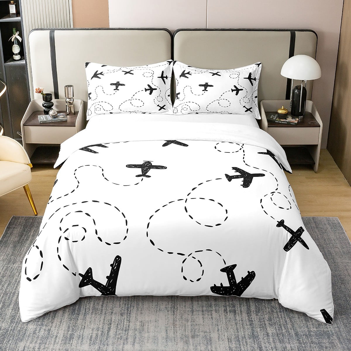 YST 100% Cotton Airplane Bedding Set Black Aviation Aircraft Duvet ...