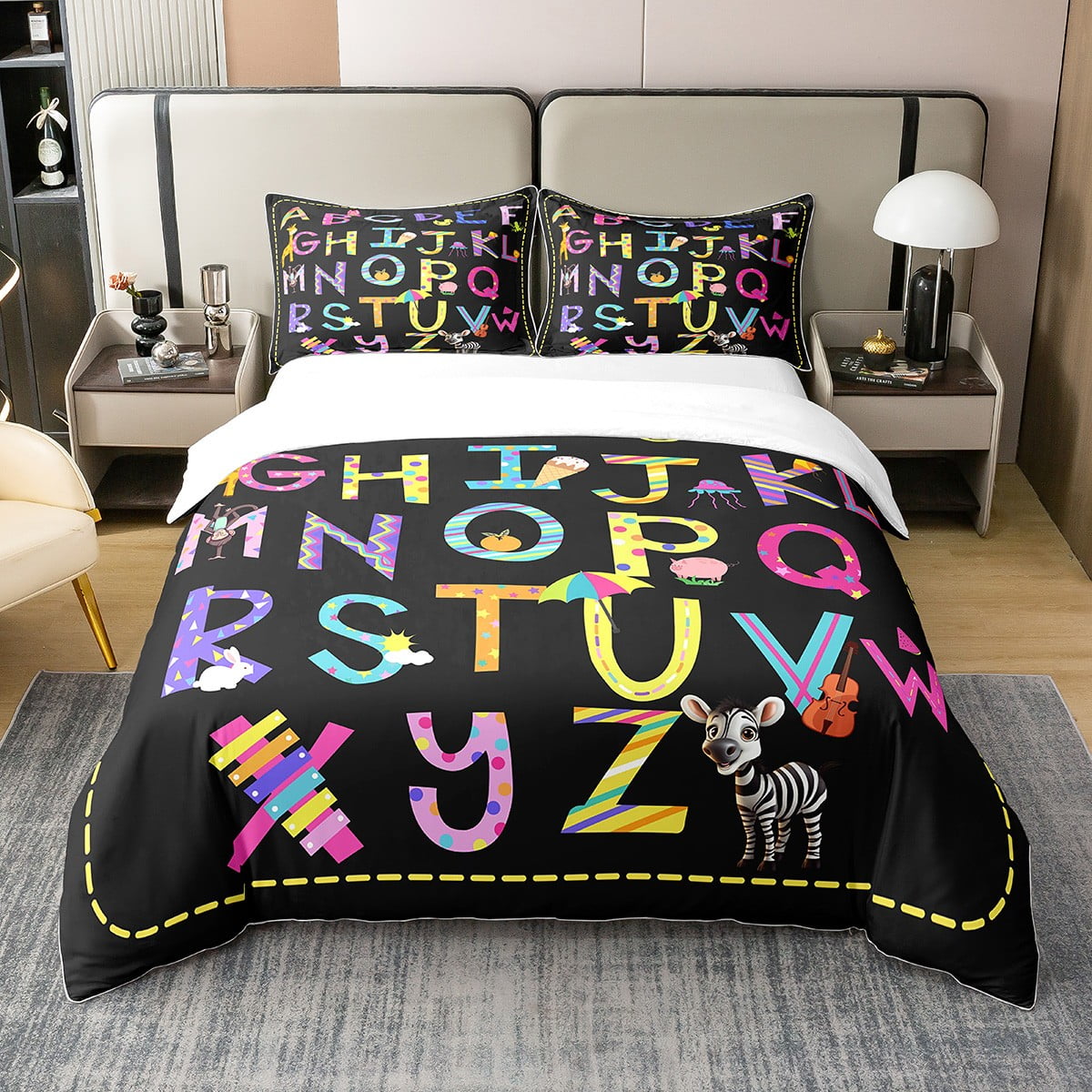Erosebridal 100% Cotton Alphabet King Duvet Cover,Cartoon English Alphabet Bedding,Rainbow 26 ...