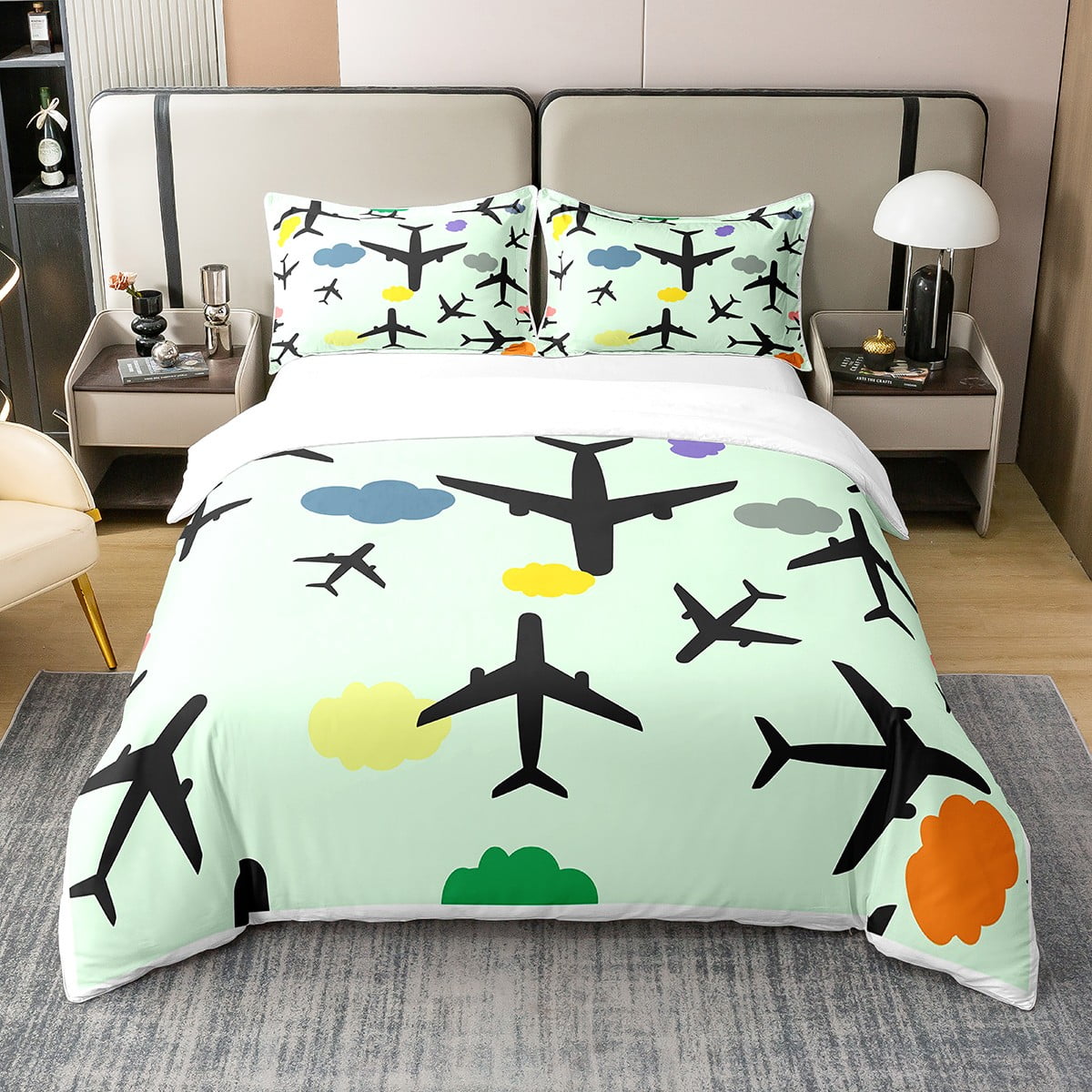 100% Cotton Black Airplane Bedding Set Aircraft Silhouette Duvet Cover ...