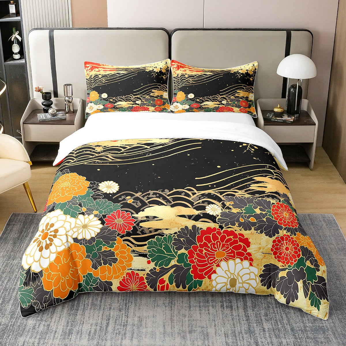 YST 100% Cotton Black and Gold Flowers Comforter Cover King,Vintage ...
